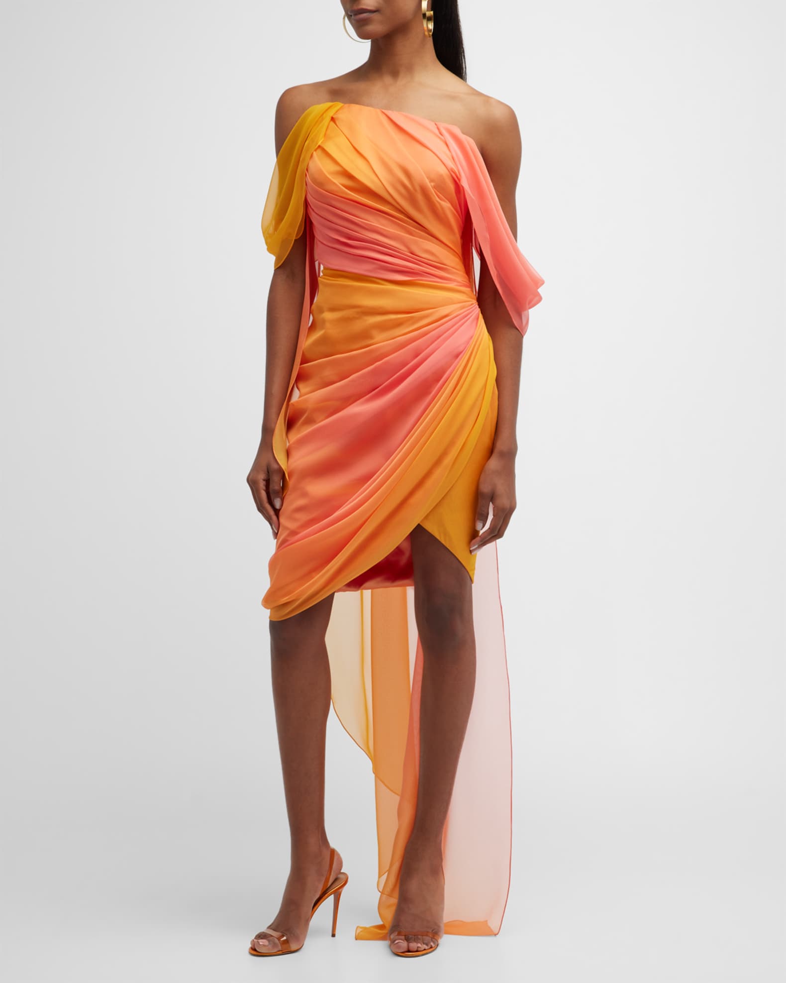 Pamella Roland Ombre Pleated Cocktail Dress with Cape Back | Neiman Marcus