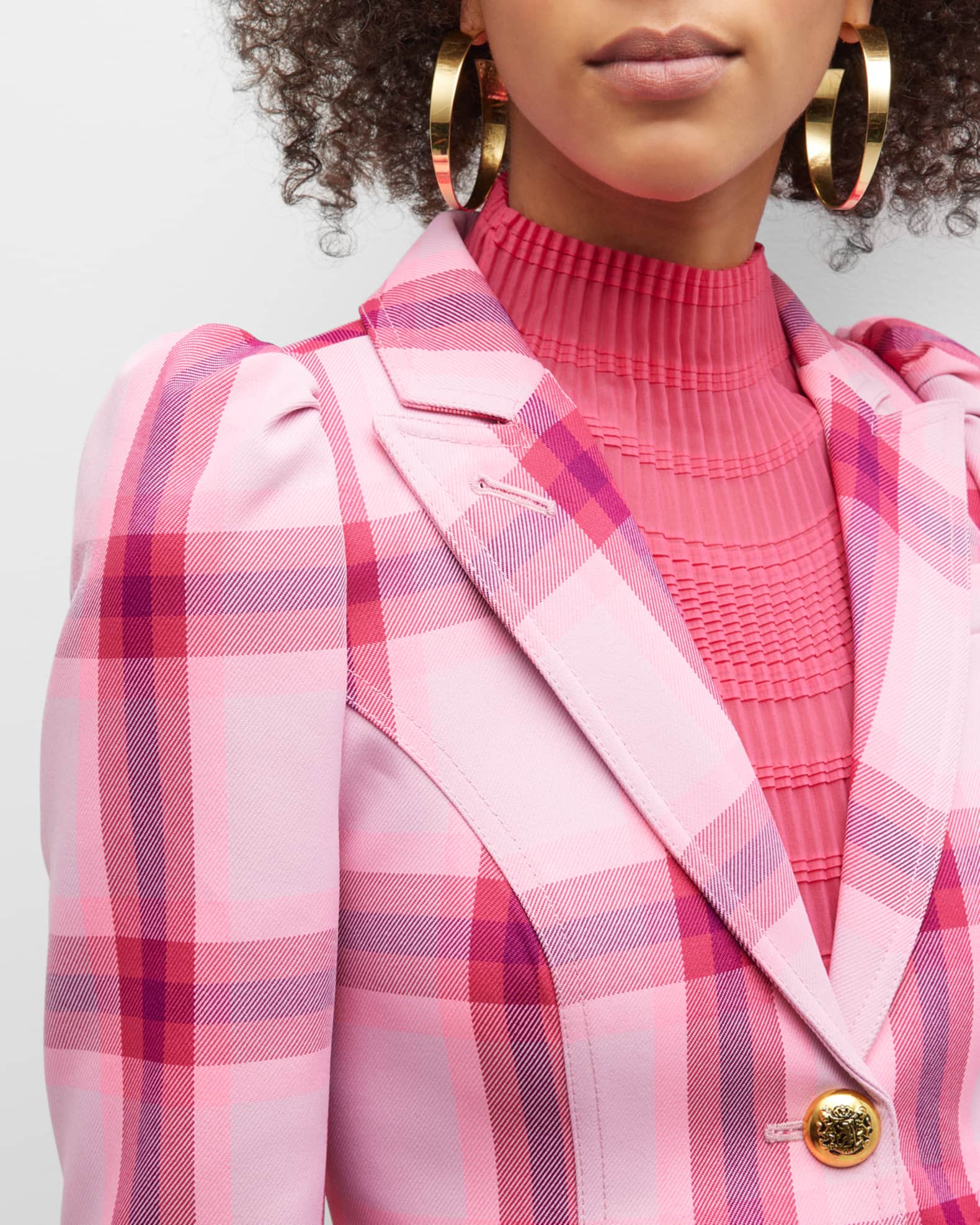 Smythe Pouf-Sleeve Plaid One-Button Blazer | Neiman Marcus