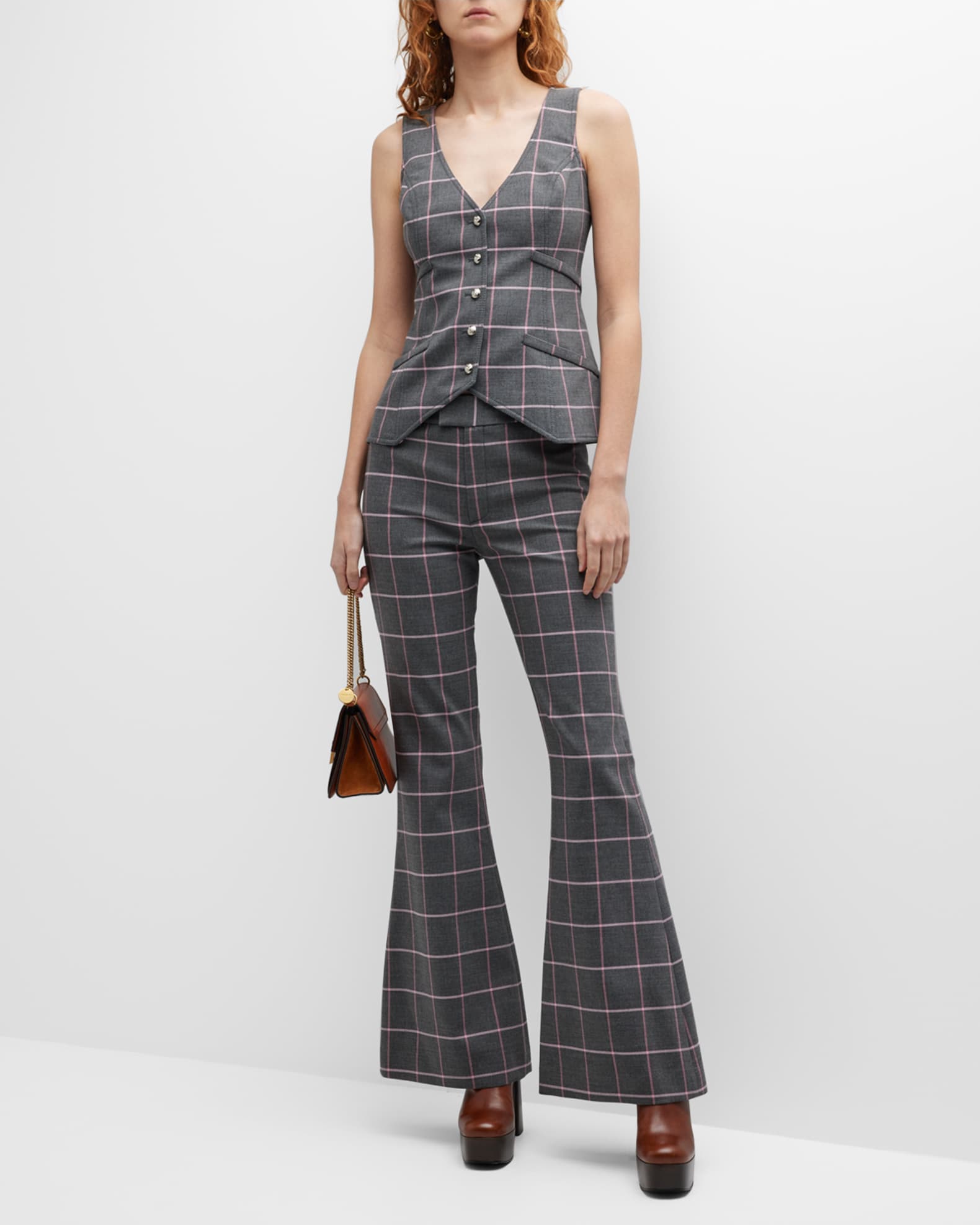 Smythe Windowpane Check Bootcut Pants | Neiman Marcus