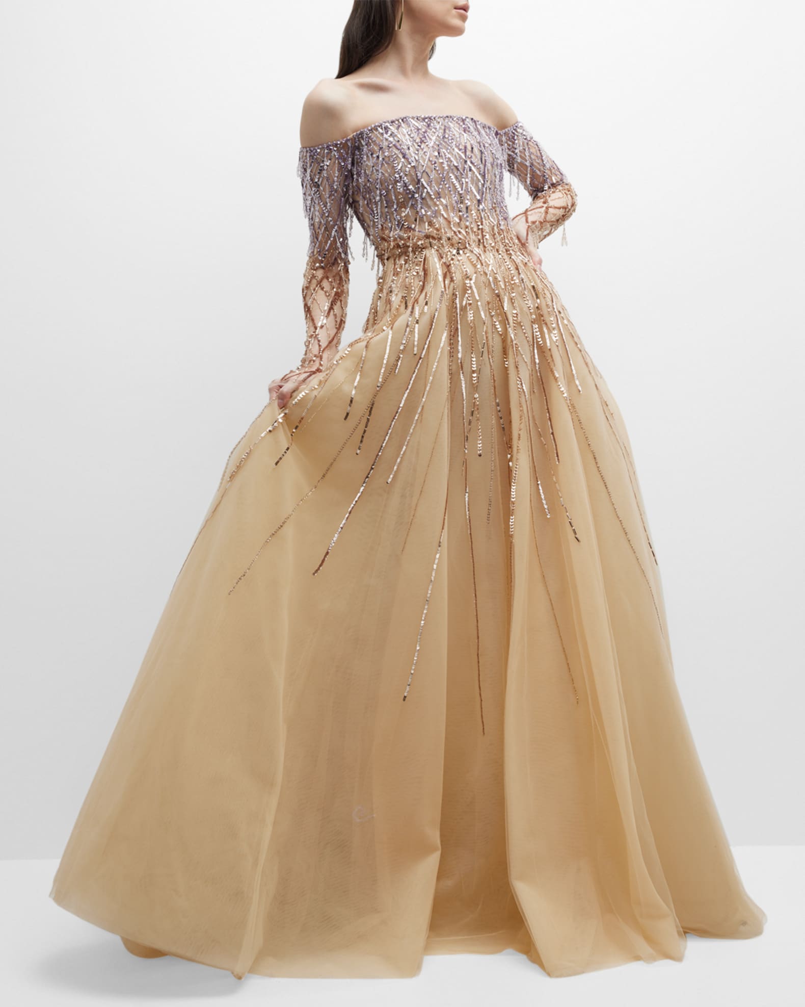 Pamella Roland Degrade Sequin Embroidered Tulle Off-The-Shoulder Gown ...
