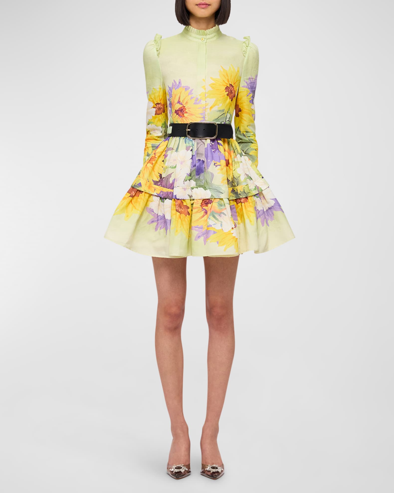 LEO LIN Christina Floral-Print Fit-&-Flare Mini Dress | Neiman Marcus