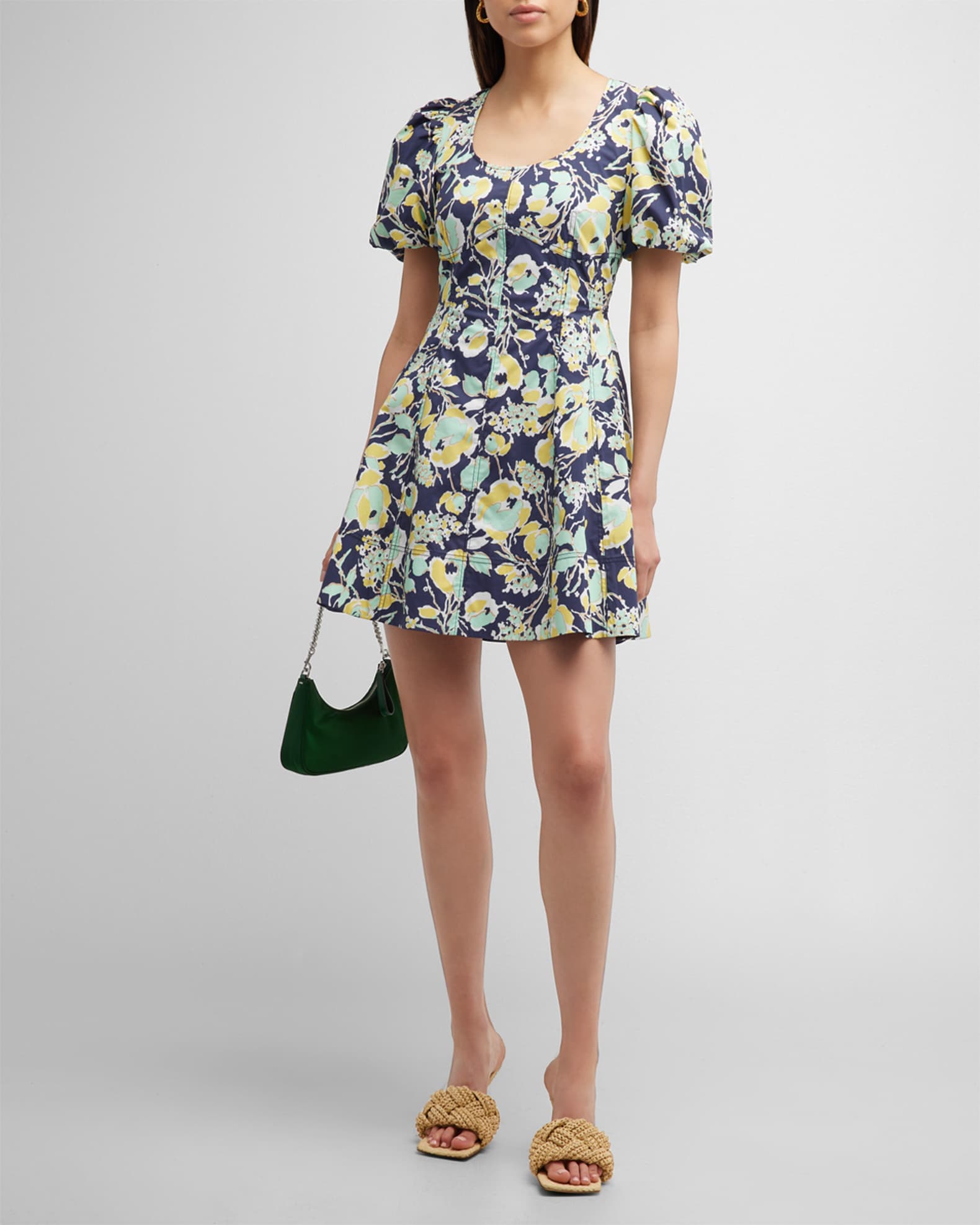 Tanya Taylor Madeline Puff-Sleeve Flared Mini Dress | Neiman Marcus