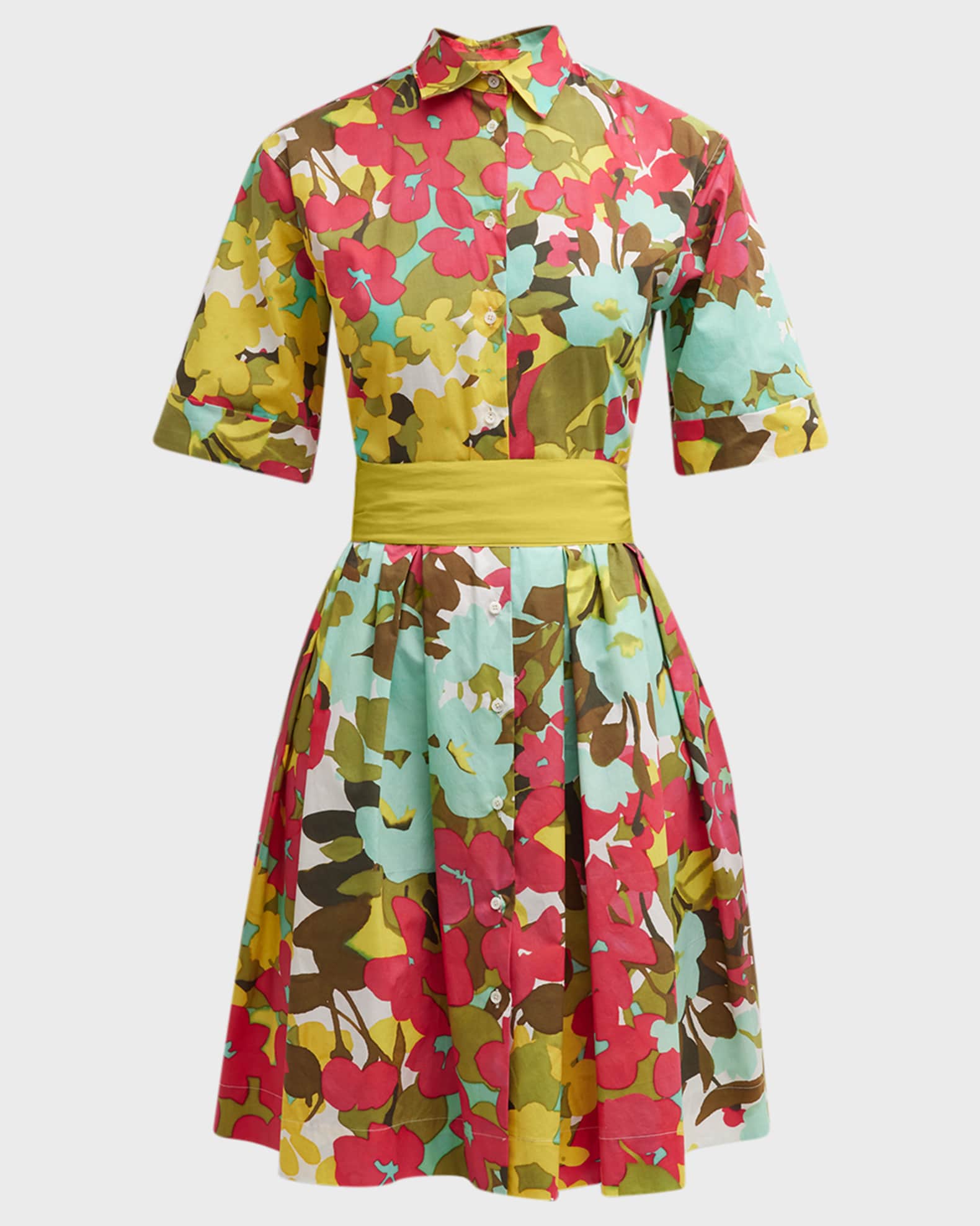 Sara Roka Nida Floral-Print Short-Sleeve A-Line Midi Dress | Neiman Marcus