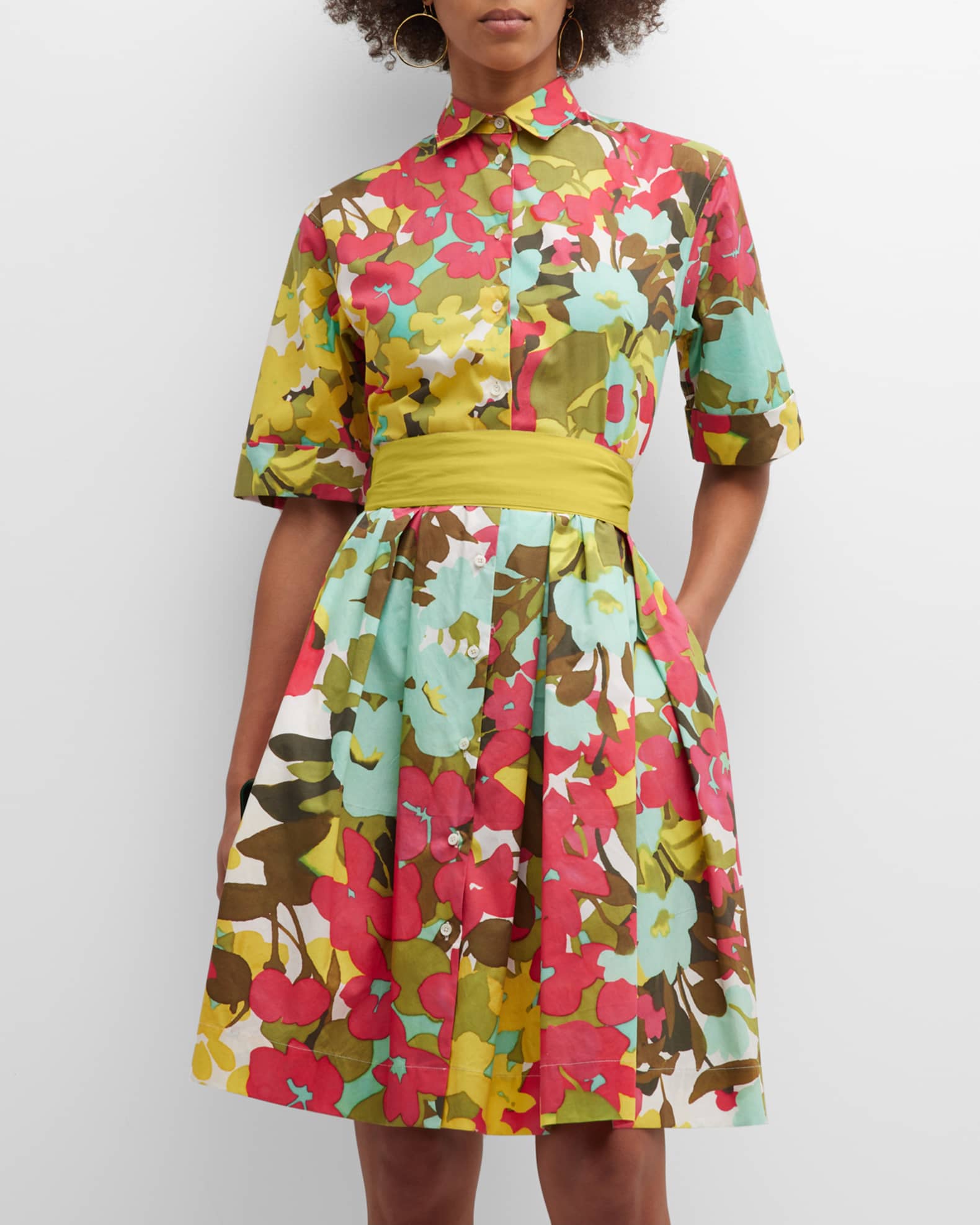 Sara Roka Nida Floral-Print Short-Sleeve A-Line Midi Dress | Neiman Marcus