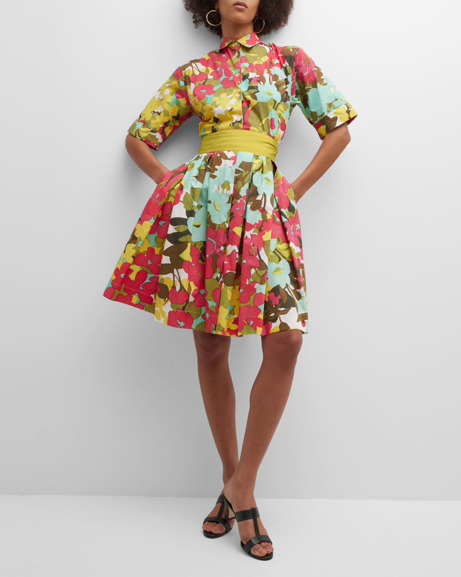 Sara Roka Nida Floral-Print Short-Sleeve A-Line Midi Dress | Neiman Marcus