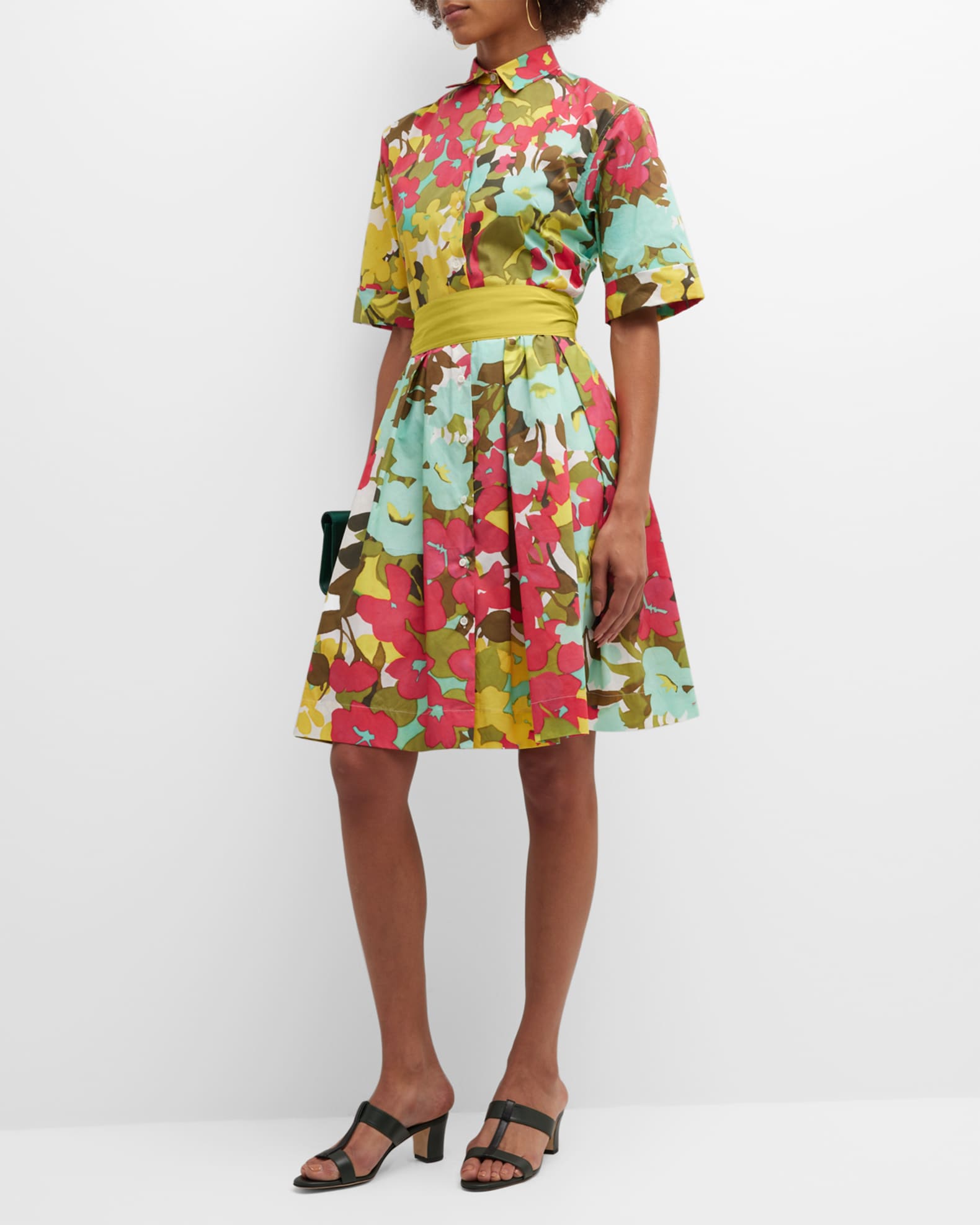 Sara Roka Nida Floral-Print Short-Sleeve A-Line Midi Dress | Neiman Marcus