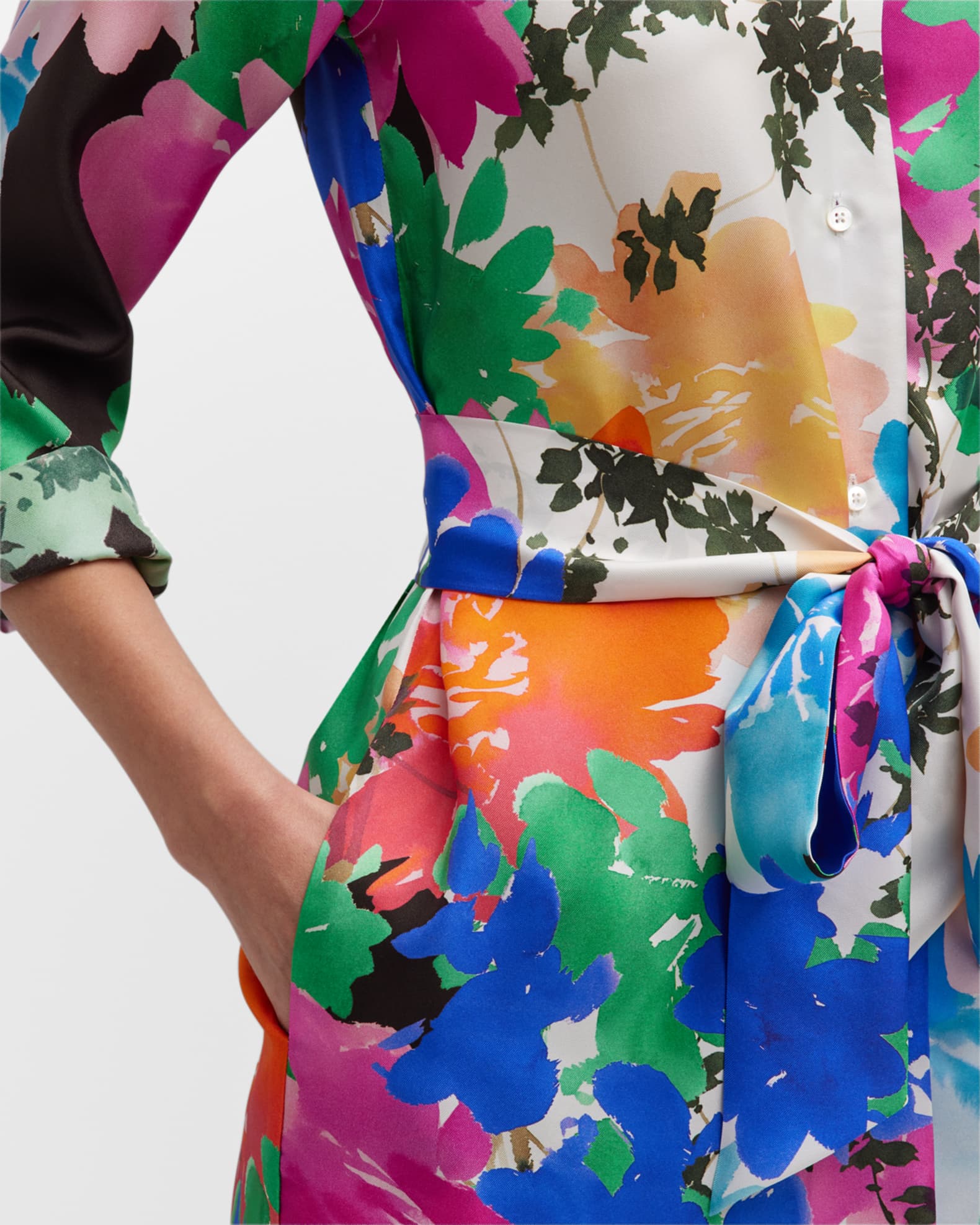 Sara Roka Avana Floral-Print Silk Midi Shirtdress | Neiman Marcus