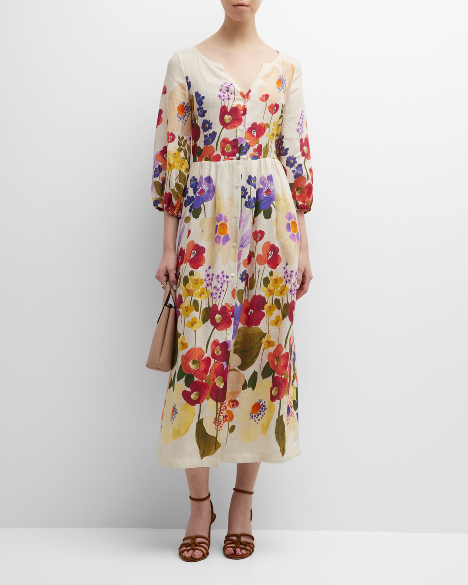 Sara Roka Flossie Floral-Print Blouson-Sleeve Maxi Dress | Neiman Marcus