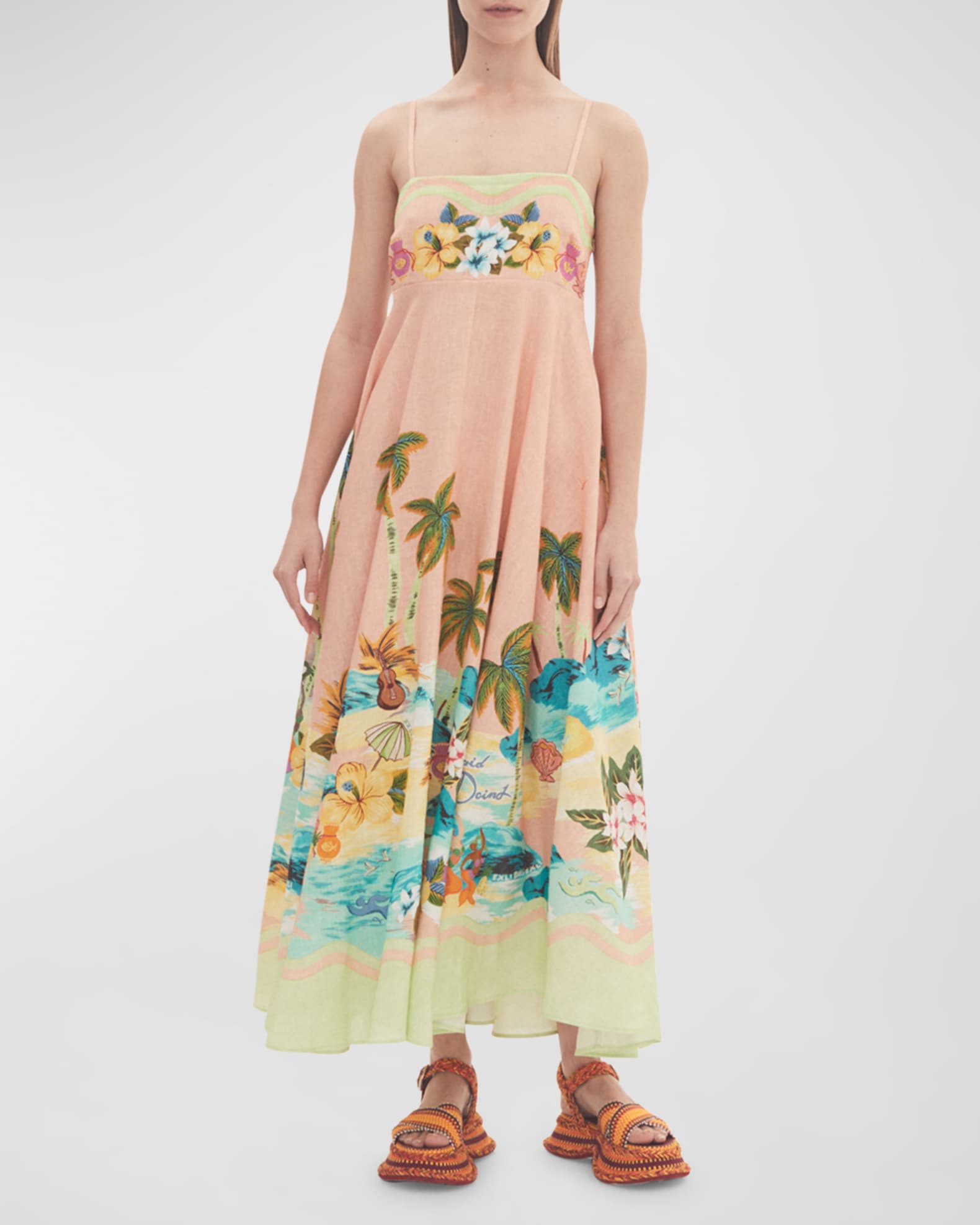 ALEMAIS Mermaid Point Tropical-Print Midi Linen Dress | Neiman Marcus