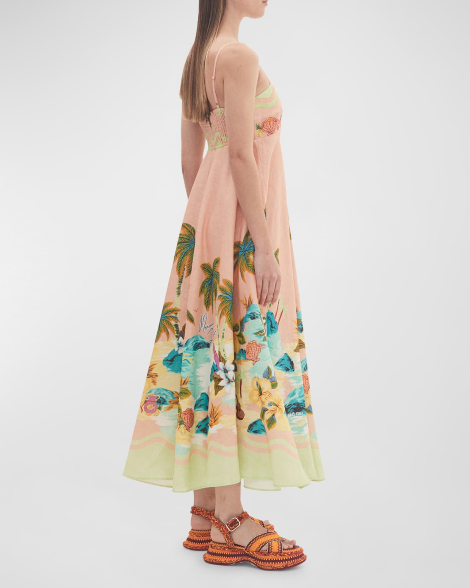 ALEMAIS Mermaid Point Tropical-Print Midi Linen Dress | Neiman Marcus