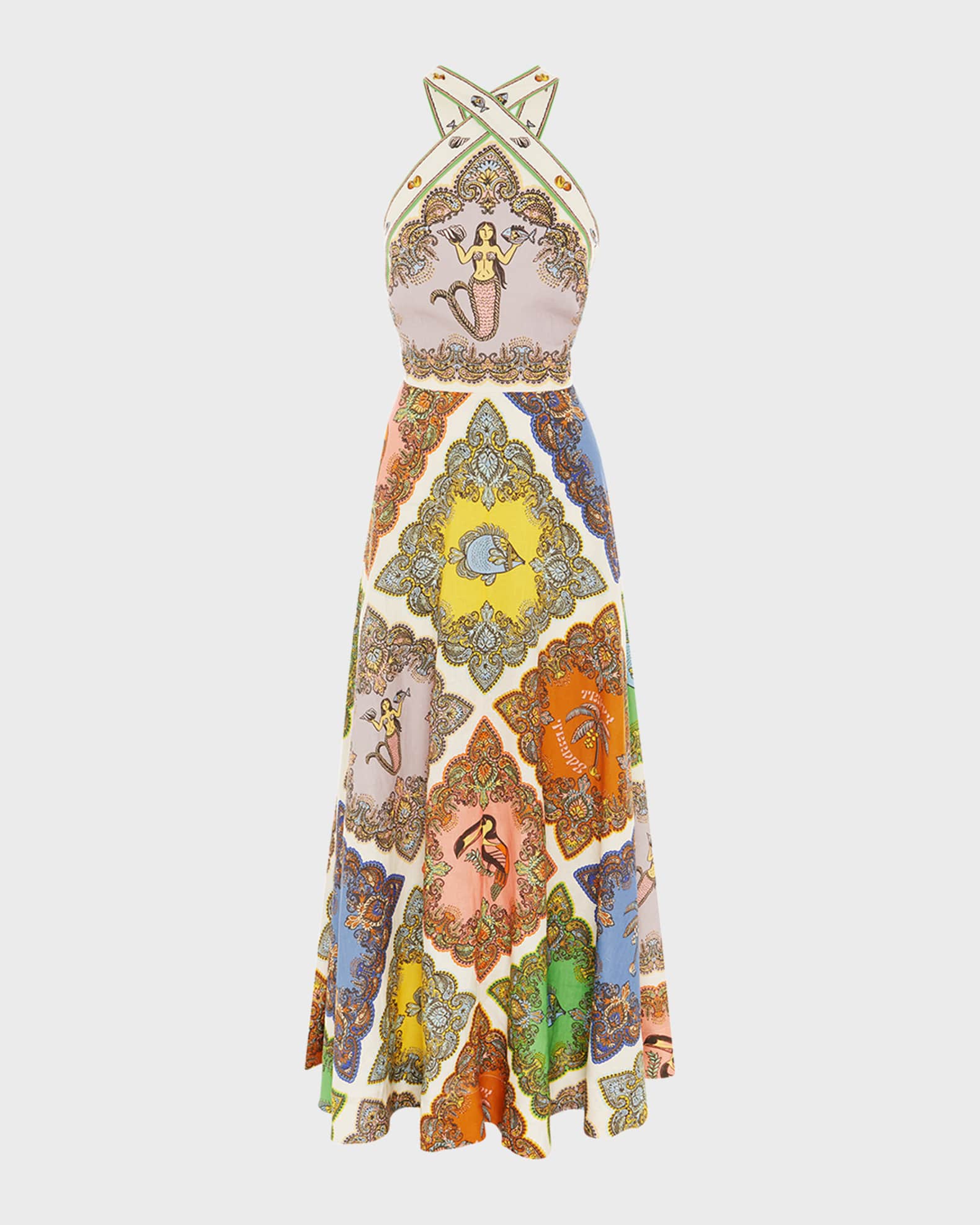 ALEMAIS Trippy Troppo Tile-Print Linen Halter Midi Dress | Neiman Marcus