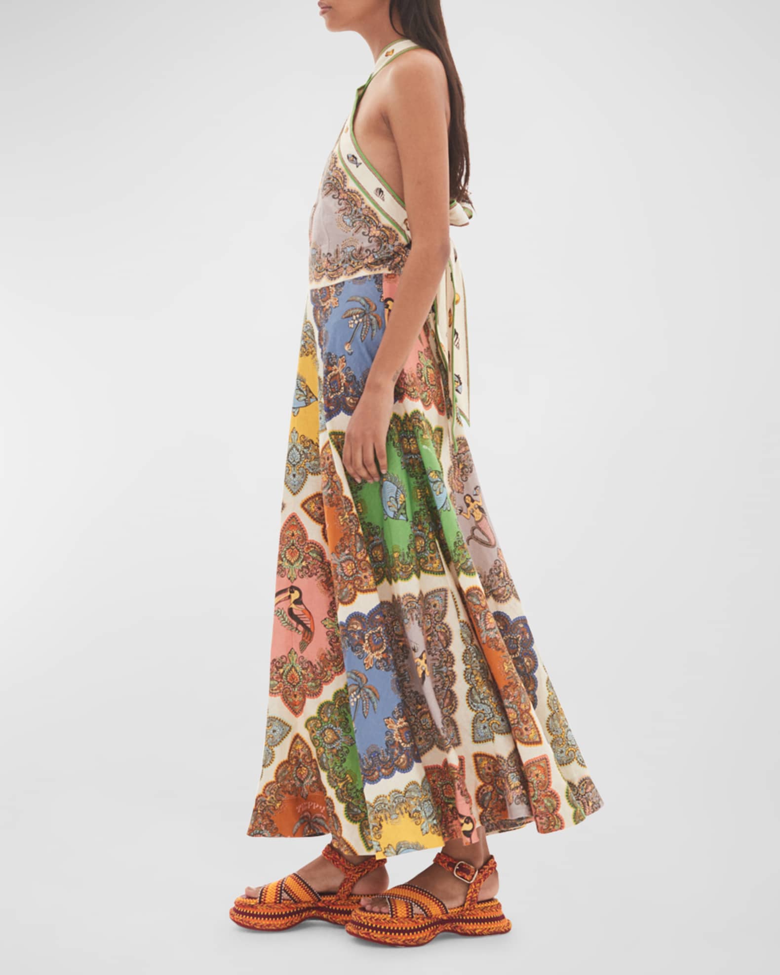 ALEMAIS Trippy Troppo Tile-Print Linen Halter Midi Dress | Neiman Marcus