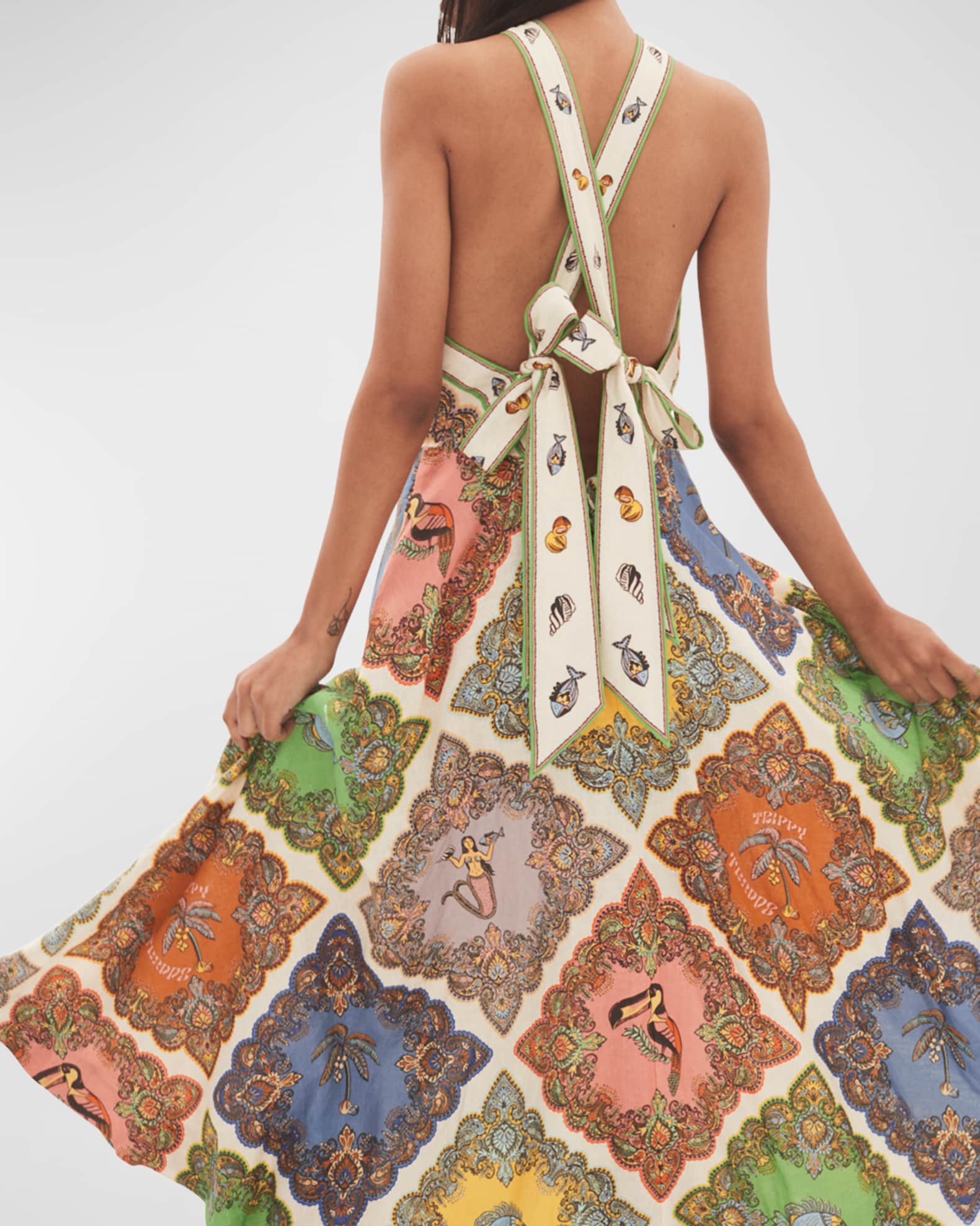 ALEMAIS Trippy Troppo Tile-Print Linen Halter Midi Dress | Neiman Marcus