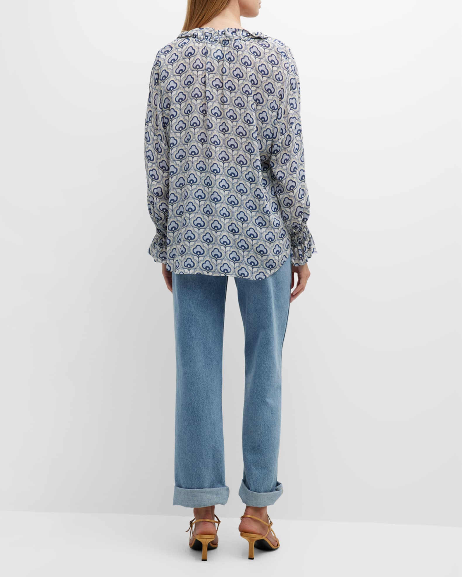 Finley Crosby Ruffle-Trim Medallion-Print Top | Neiman Marcus