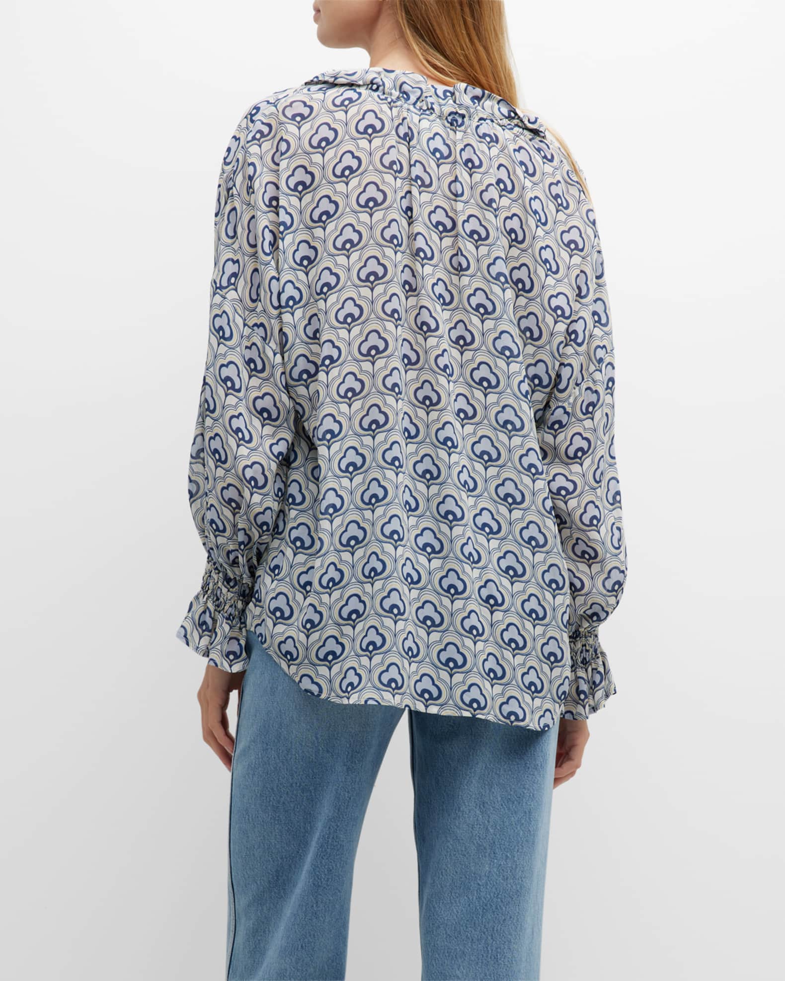 Finley Crosby Ruffle-Trim Medallion-Print Top | Neiman Marcus