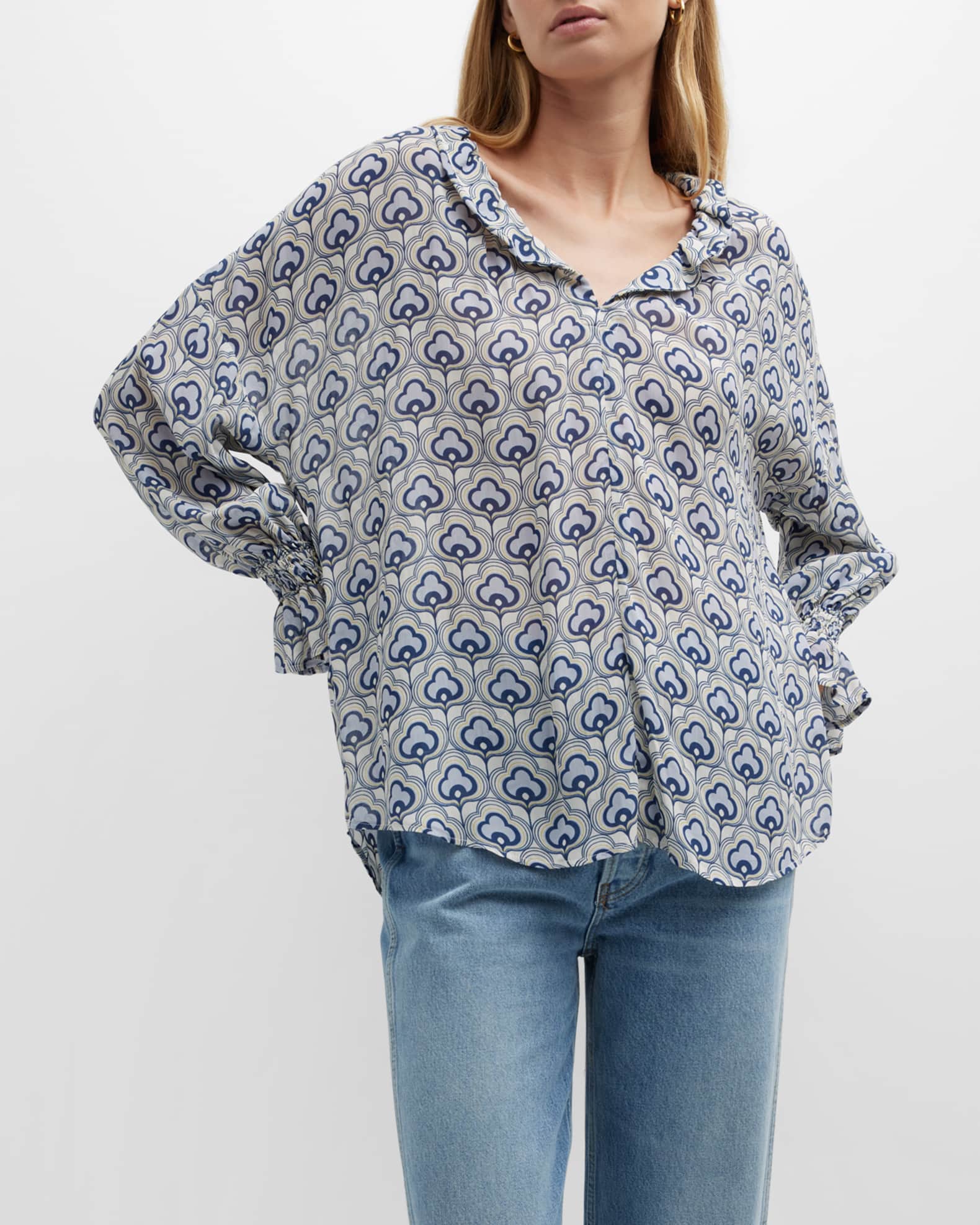 Finley Crosby Ruffle-Trim Medallion-Print Top | Neiman Marcus