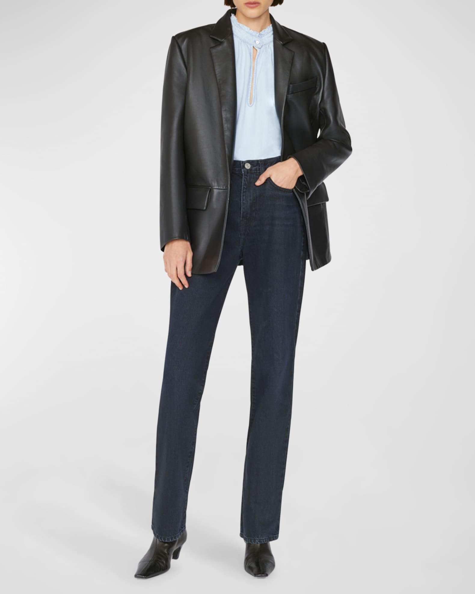 FRAME Short Sleeve Ruffle Collar Top | Neiman Marcus