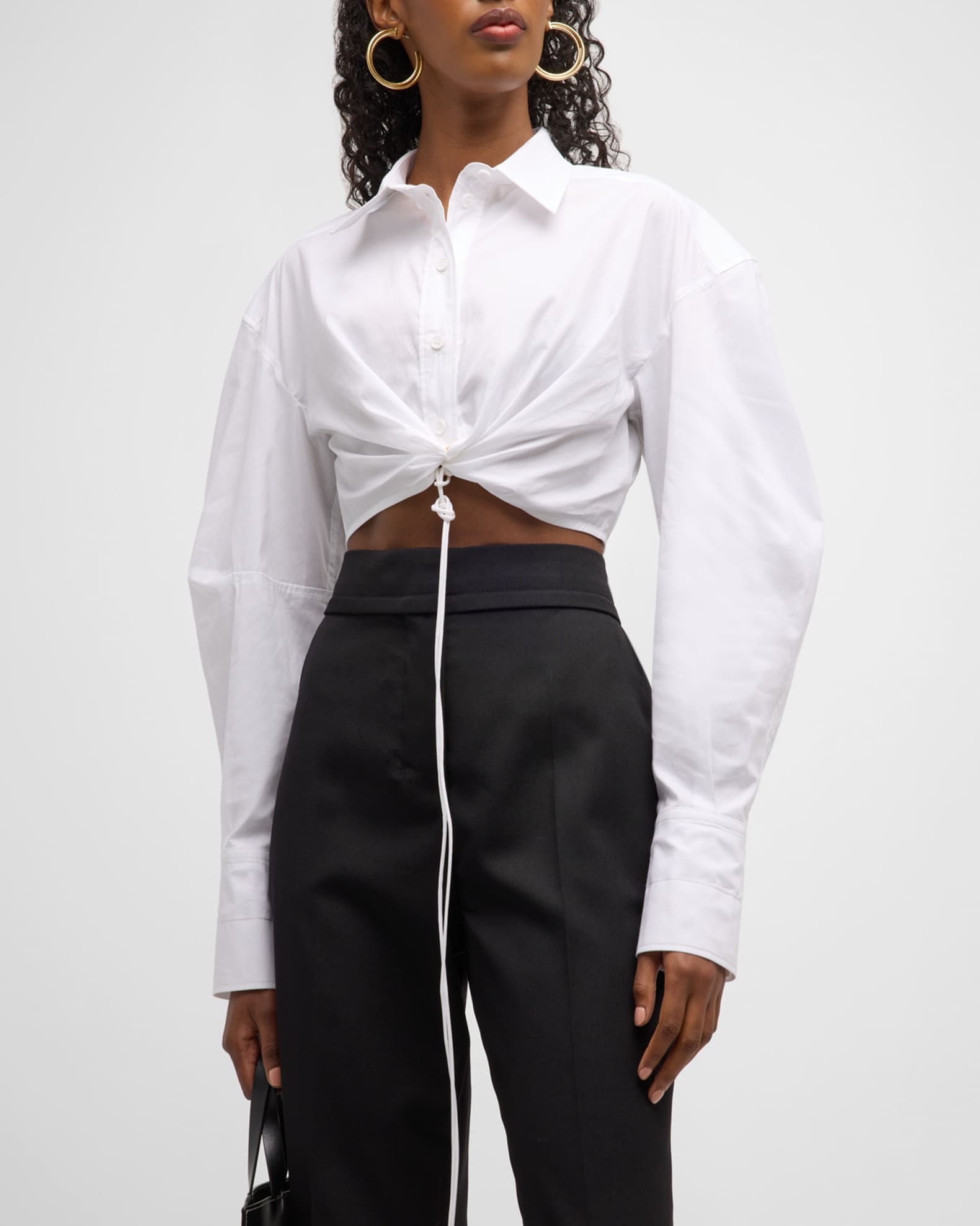 Jacquemus Plidao Gathered Waist-Tie Crop Collared Shirt | Neiman Marcus