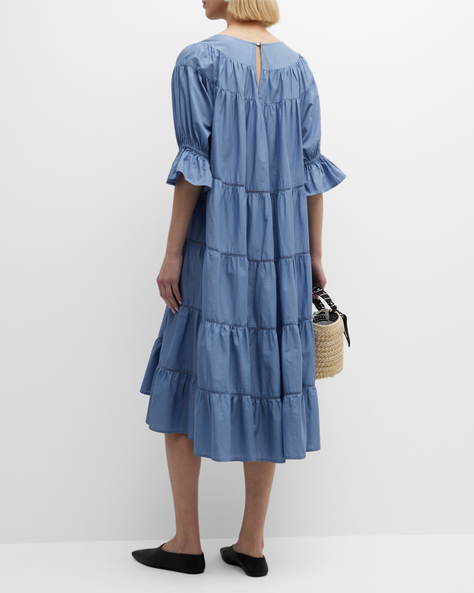 Merlette Paradis Tiered Lace-Inset Midi Dress | Neiman Marcus