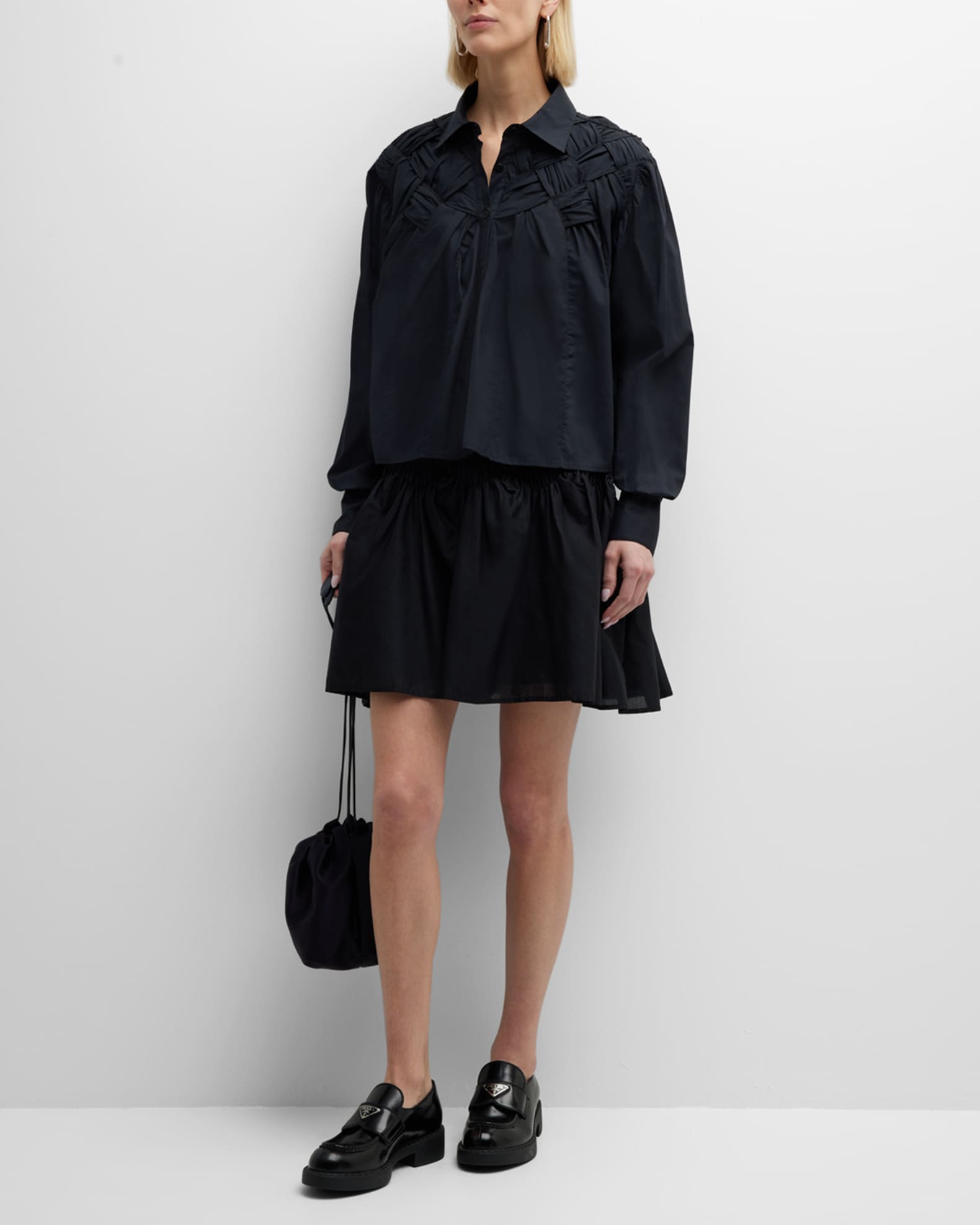 Merlette Georgica Ruched Lattice Poplin Blouse | Neiman Marcus