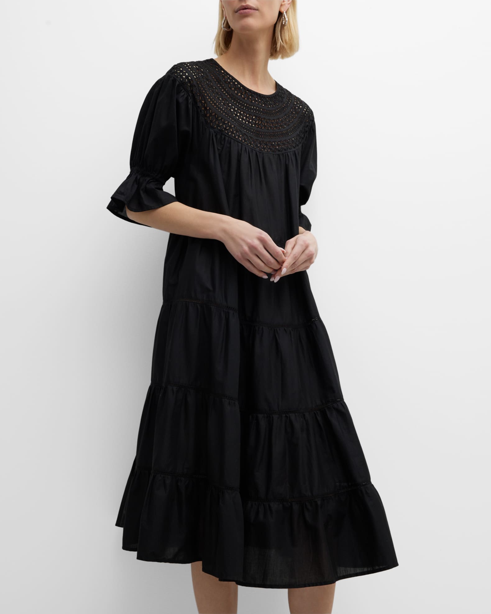 Merlette Paradis Tiered Lace-Trim Eyelet Midi Dress | Neiman Marcus
