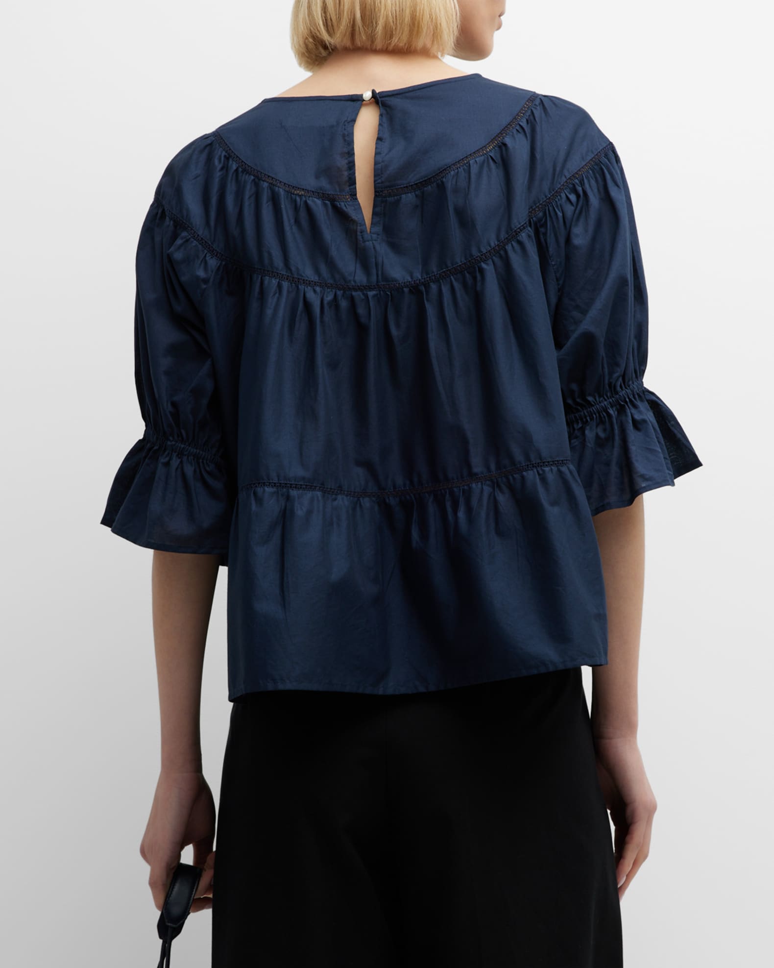 Merlette Sol Tiered Lace-Inset Blouson-Sleeve Top | Neiman Marcus