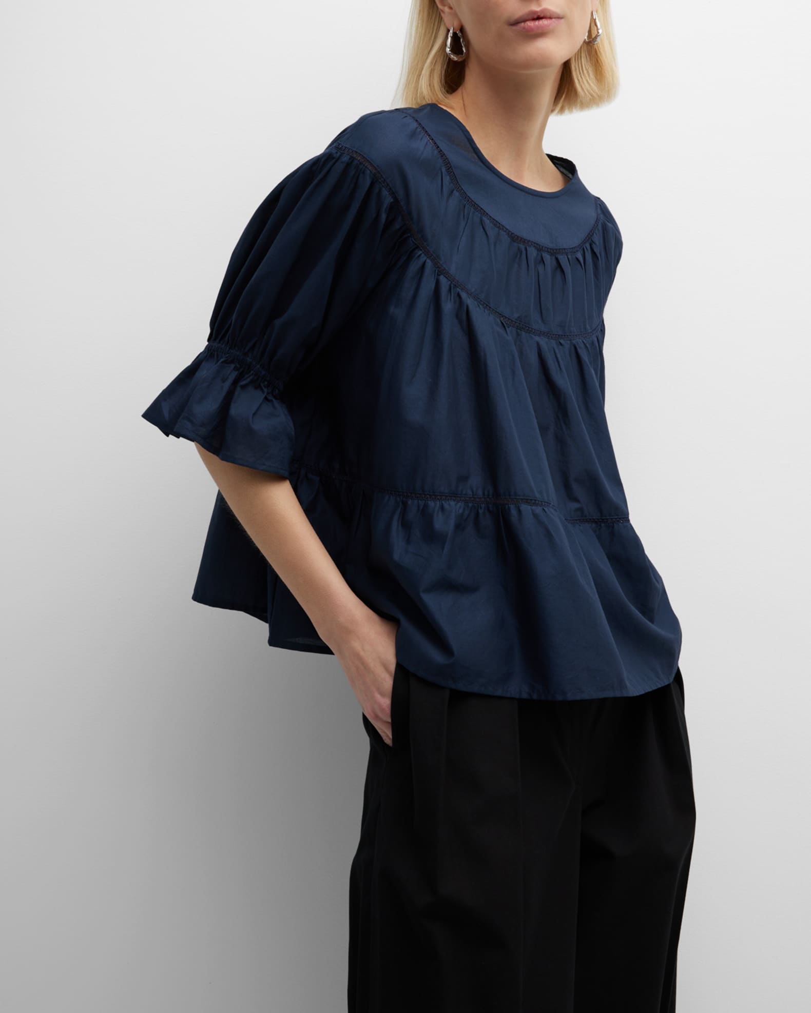 Merlette Sol Tiered Lace-Inset Blouson-Sleeve Top | Neiman Marcus