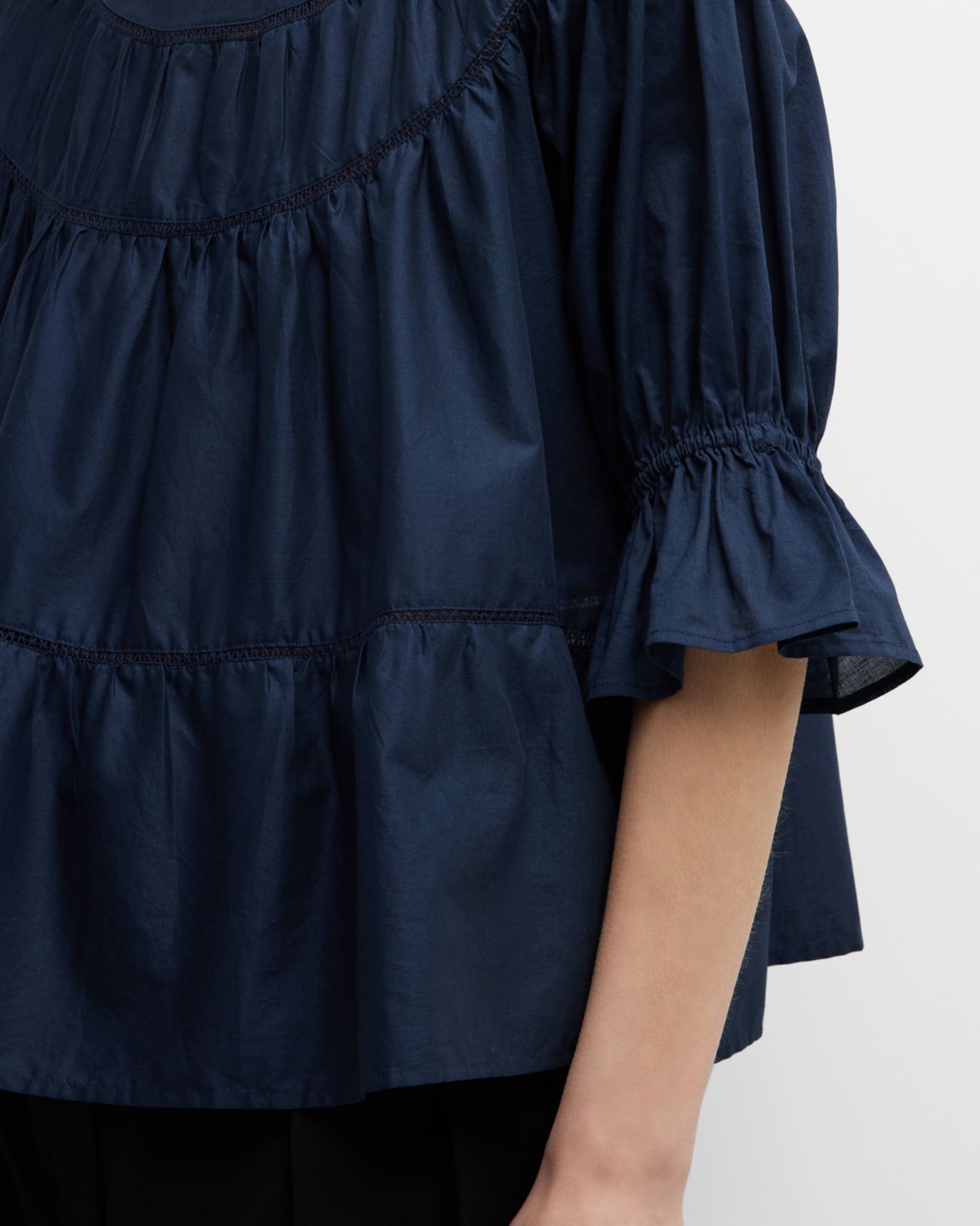 Merlette Sol Tiered Lace-Inset Blouson-Sleeve Top | Neiman Marcus