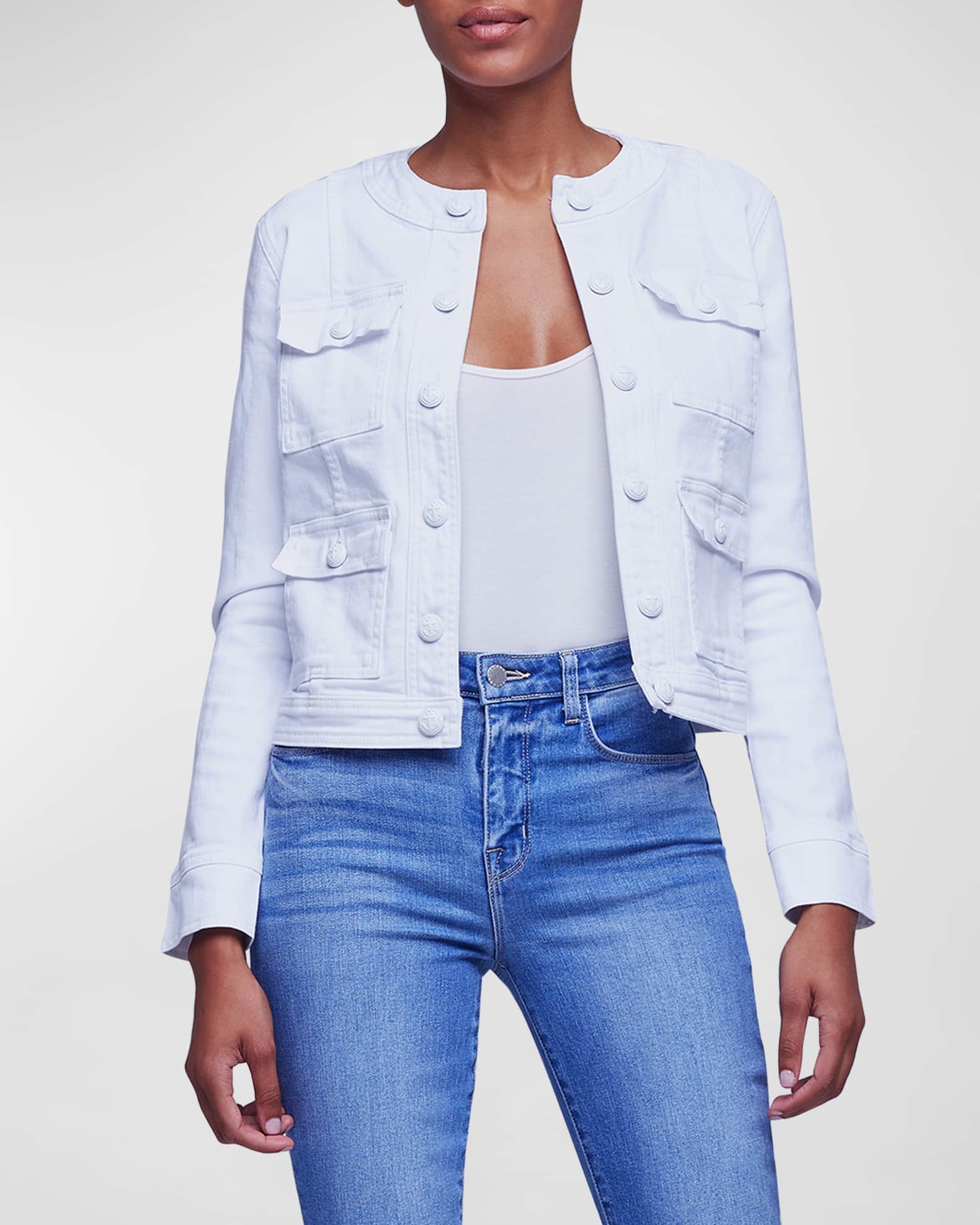 L'Agence Yari Collarless Denim Jacket | Neiman Marcus L'Agence Yari Collarless Denim Jacket | Neiman Marcus