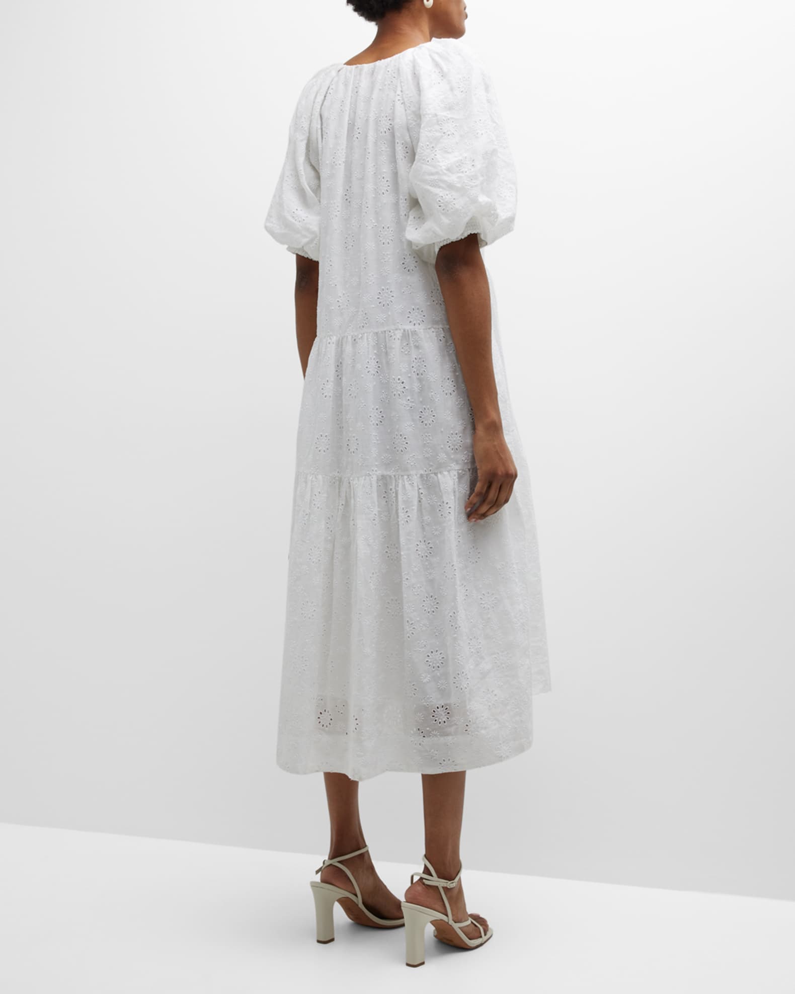 FRAME Eyelet Puff-Sleeve Midi Dress | Neiman Marcus