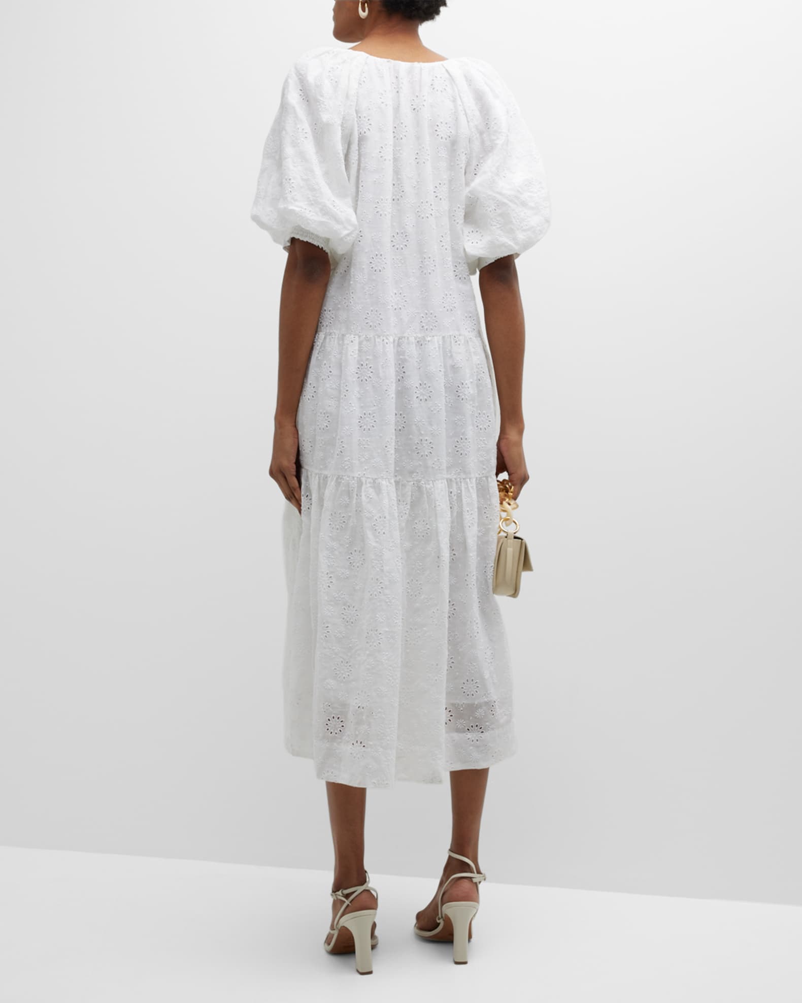 FRAME Eyelet Puff-Sleeve Midi Dress | Neiman Marcus