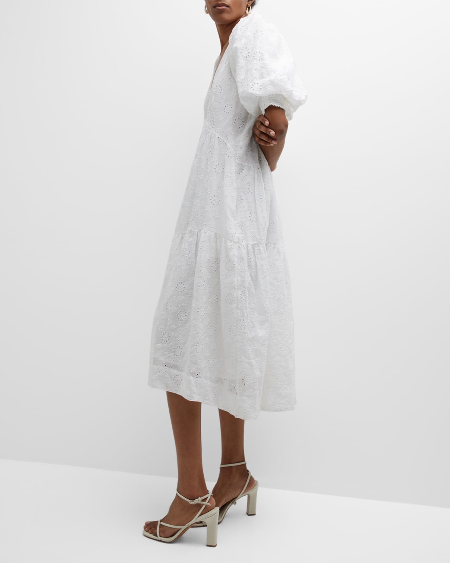 FRAME Eyelet Puff-Sleeve Midi Dress | Neiman Marcus