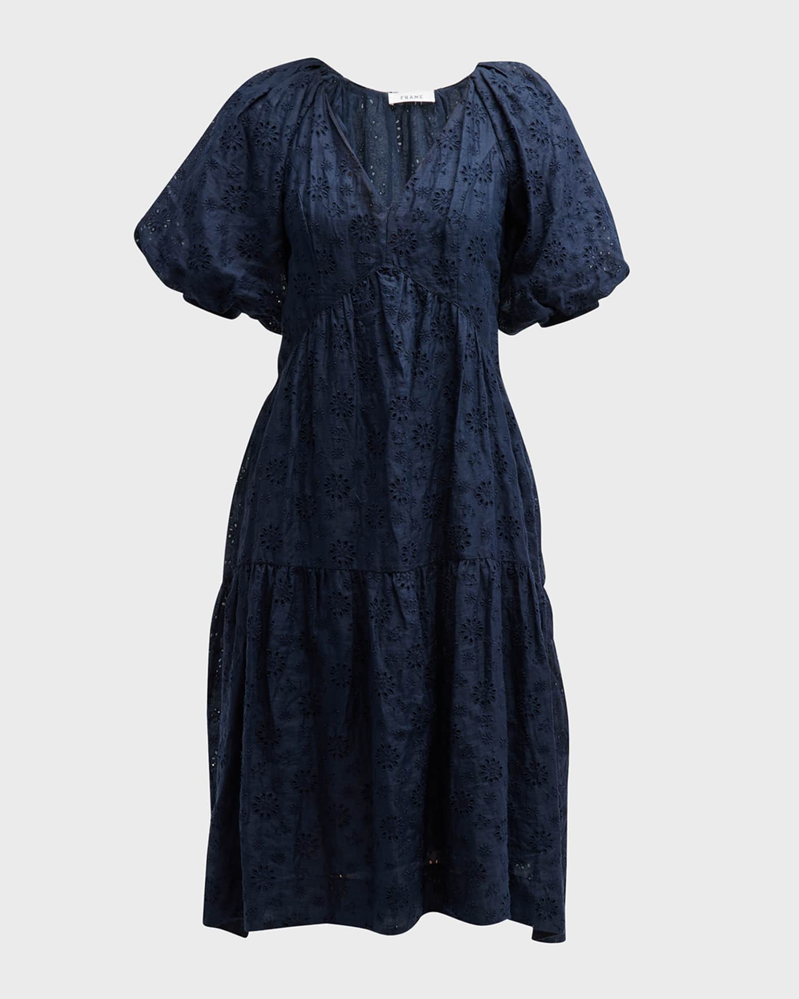 FRAME Eyelet Puff-Sleeve Midi Dress | Neiman Marcus