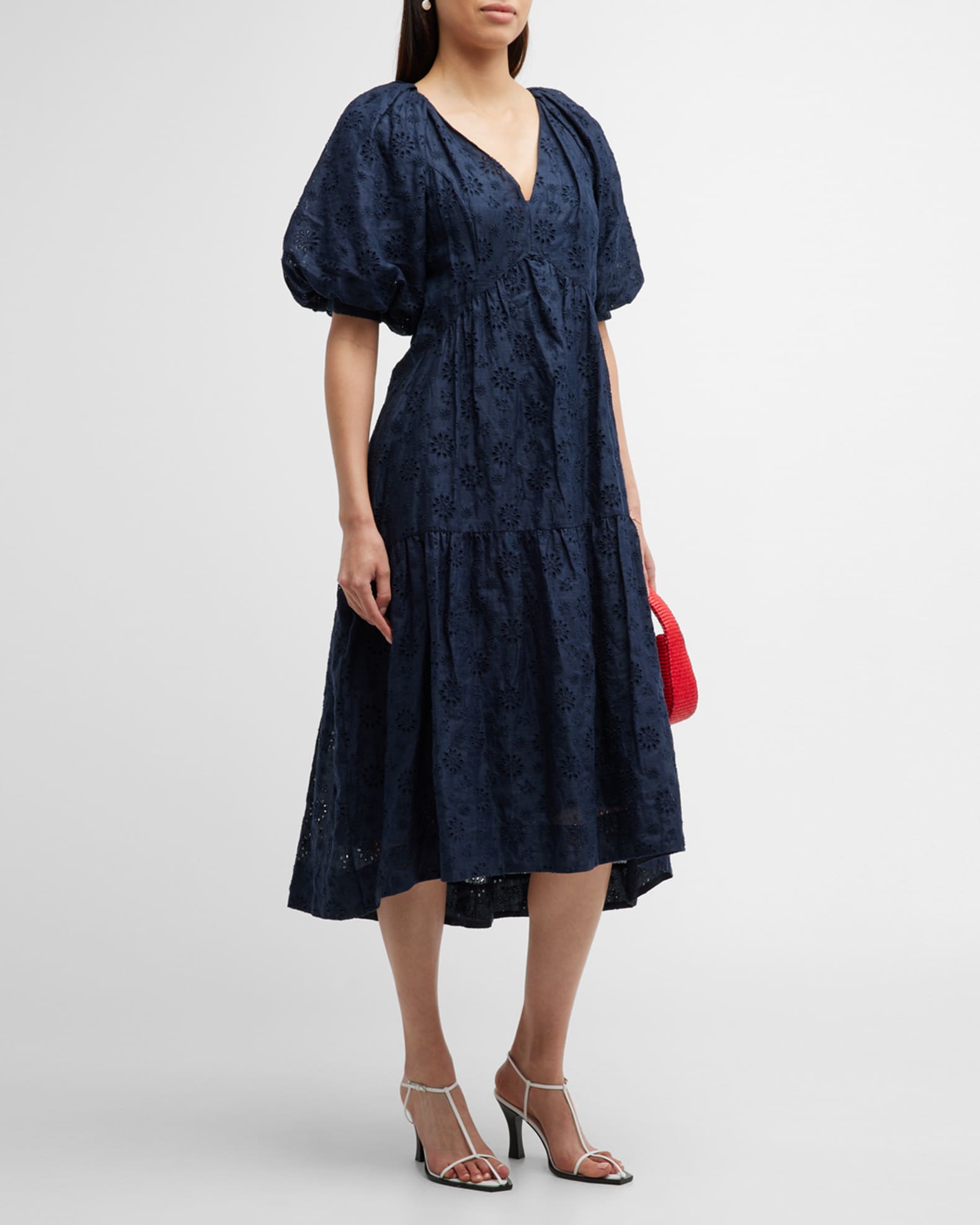 FRAME Eyelet Puff-Sleeve Midi Dress | Neiman Marcus