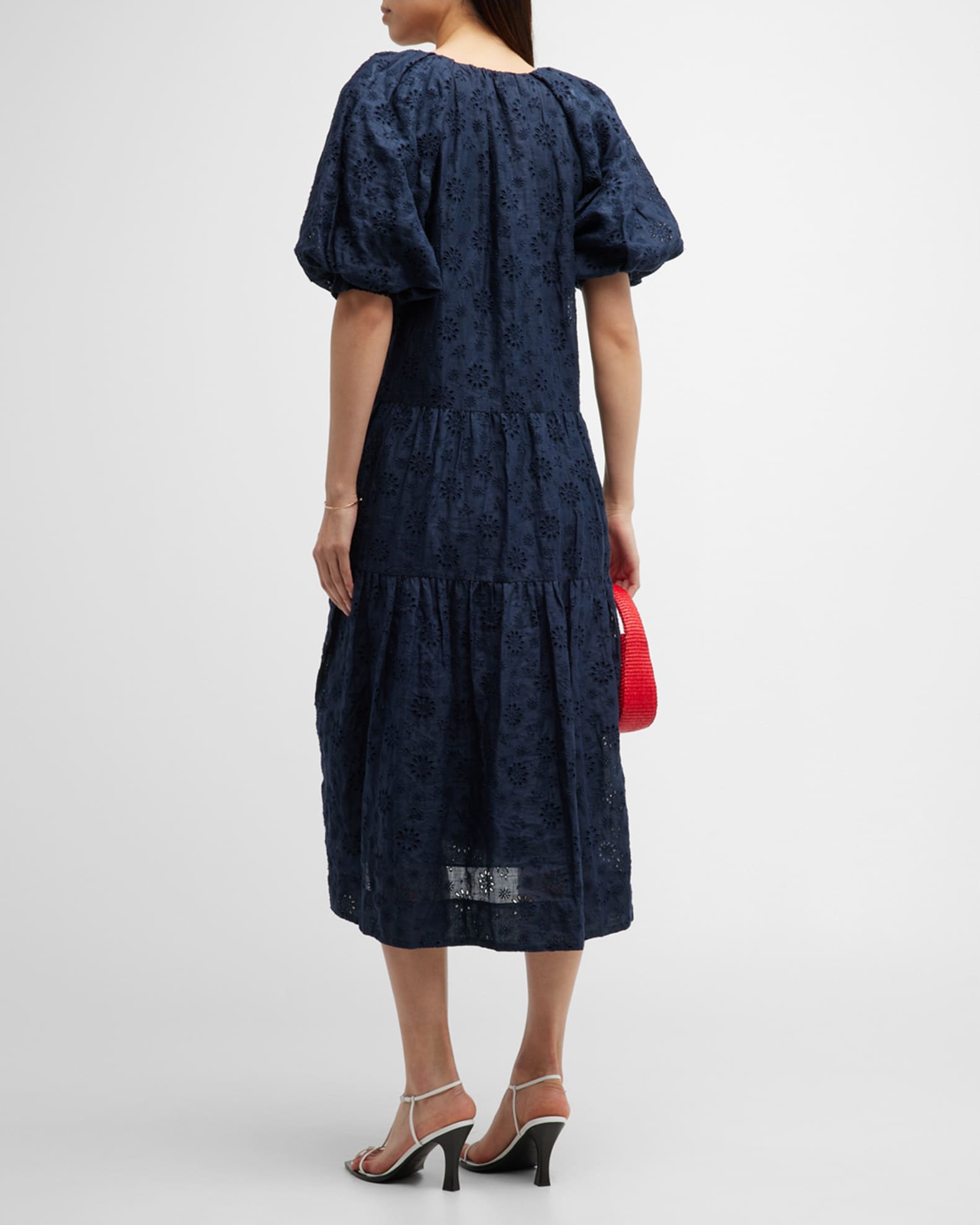 FRAME Eyelet Puff-Sleeve Midi Dress | Neiman Marcus