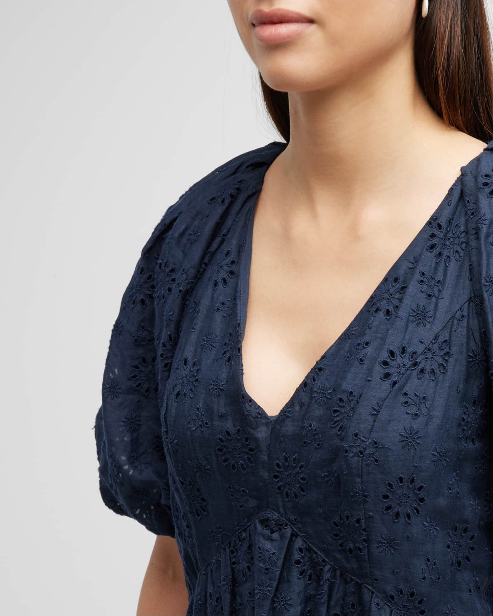 FRAME Eyelet Puff-Sleeve Midi Dress | Neiman Marcus