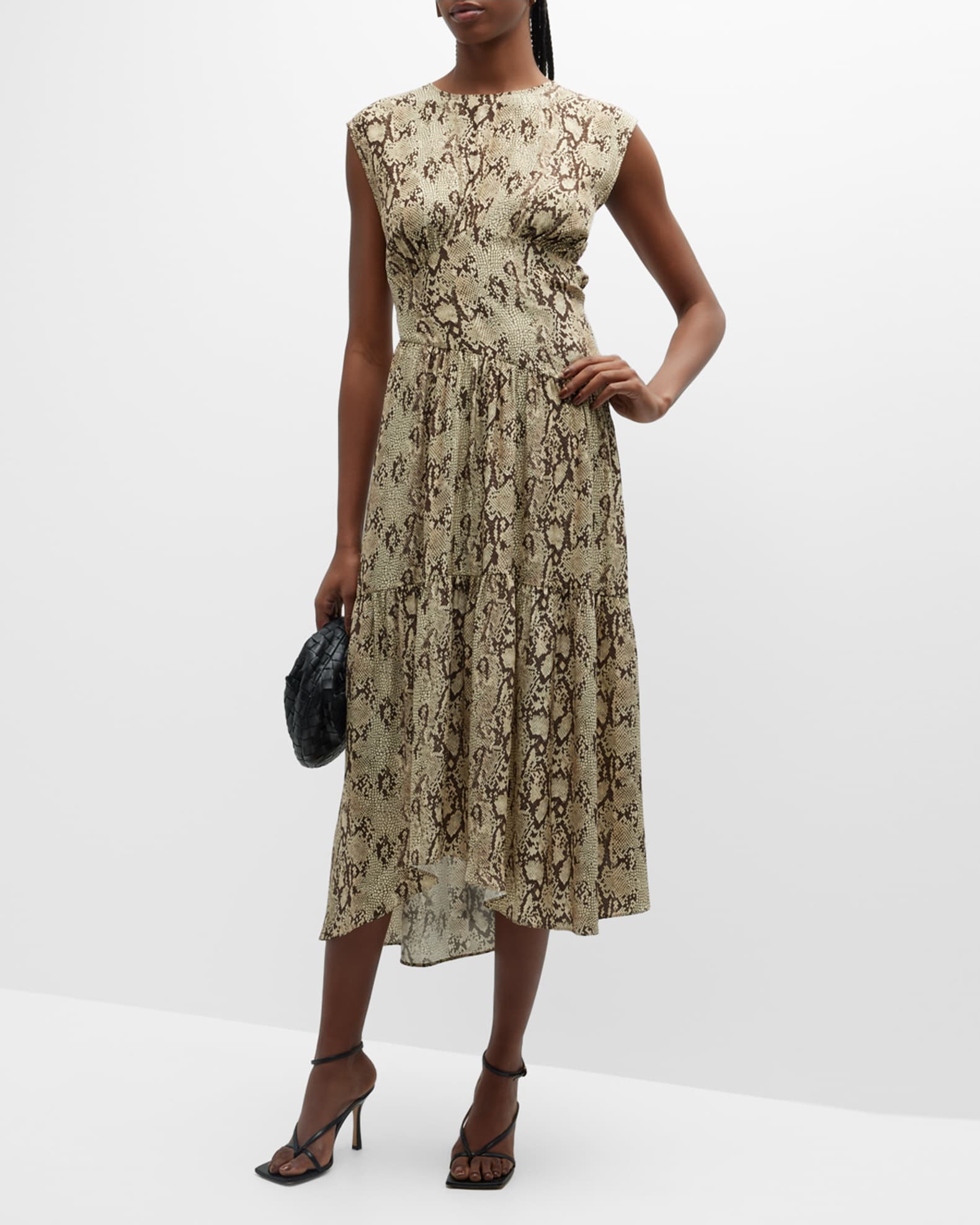 FRAME Snake-Print Gathered Seam Dress | Neiman Marcus