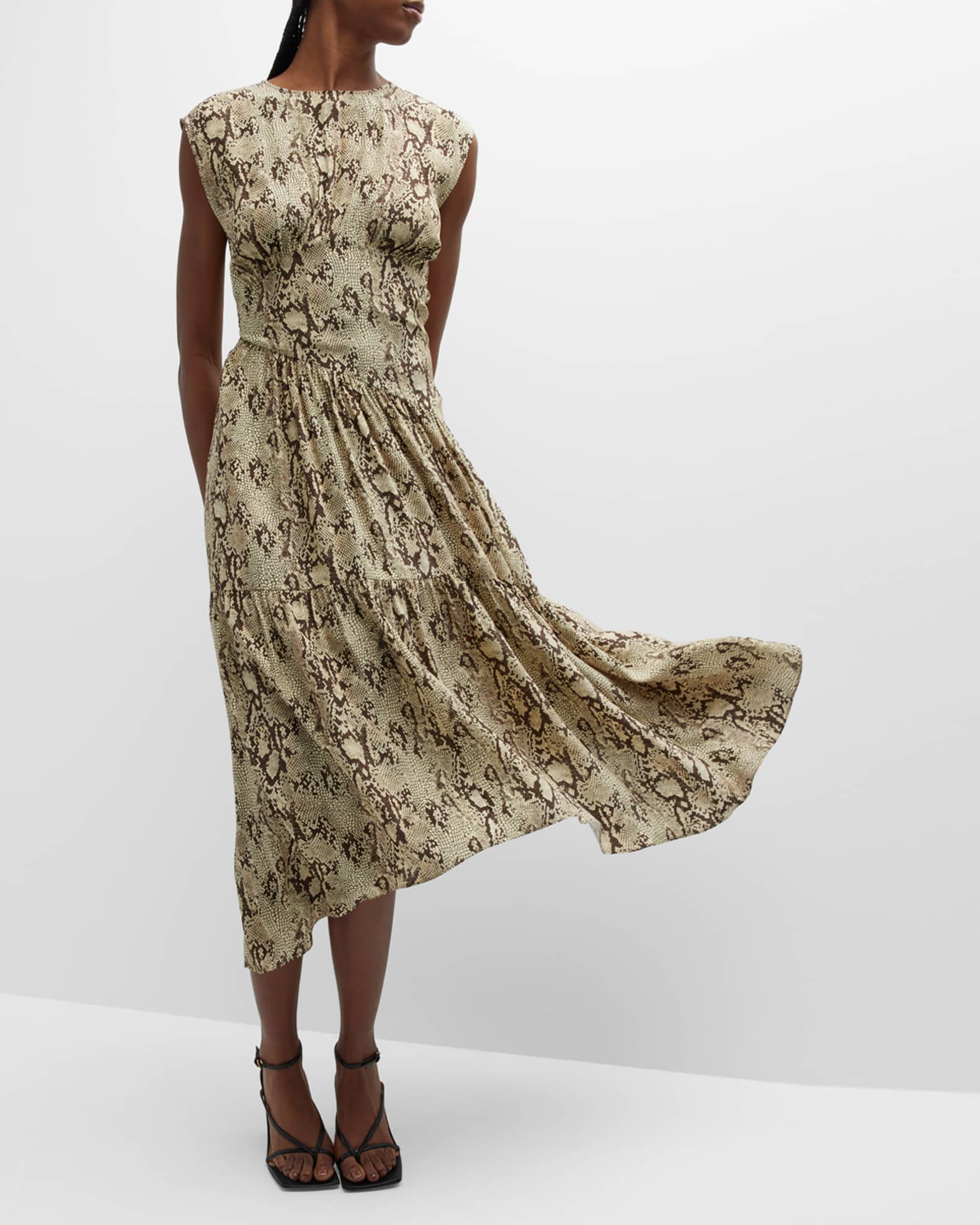FRAME Snake-Print Gathered Seam Dress | Neiman Marcus