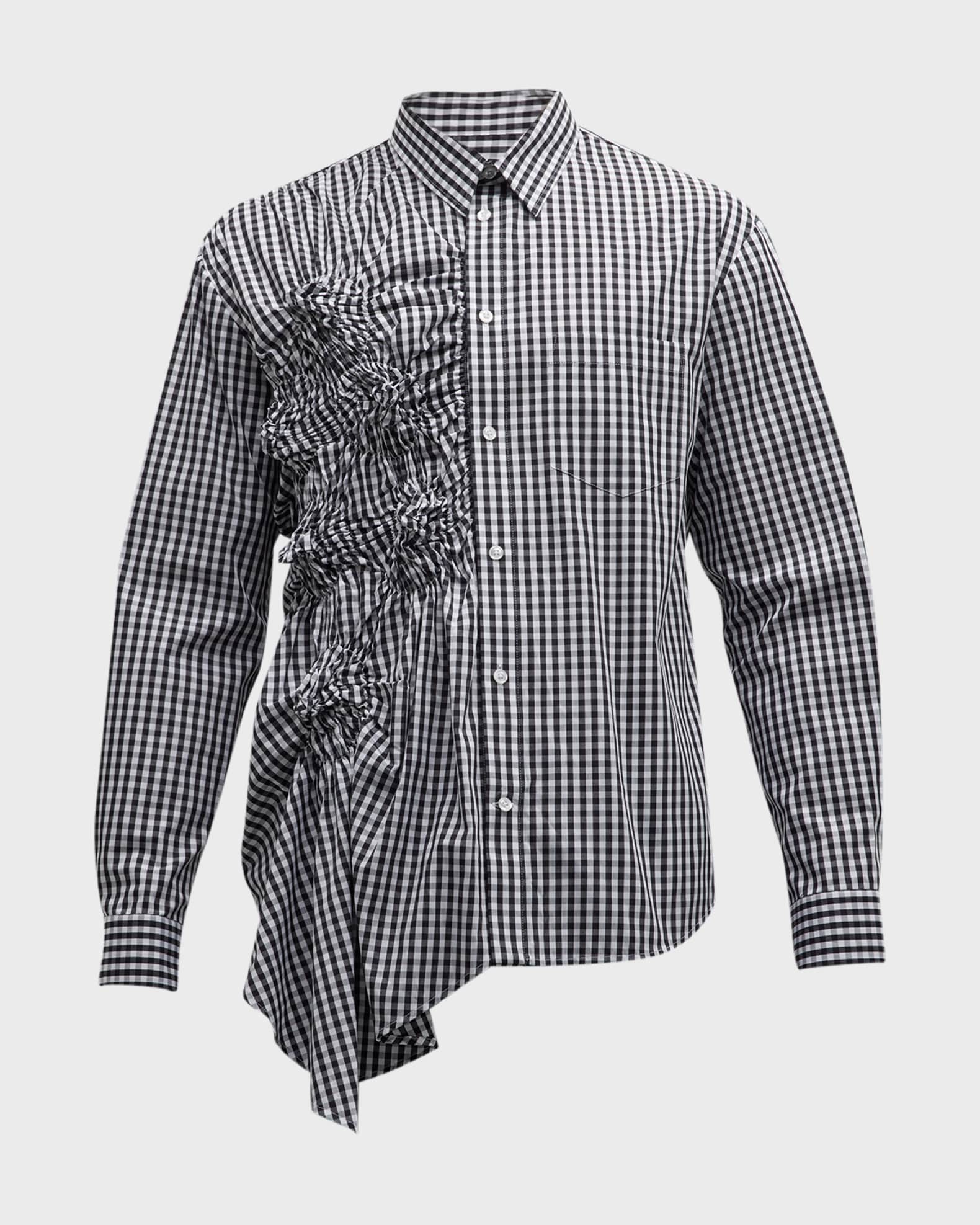 Simone Rocha Men's Gingham Asymmetric Ruched Shirt | Neiman Marcus