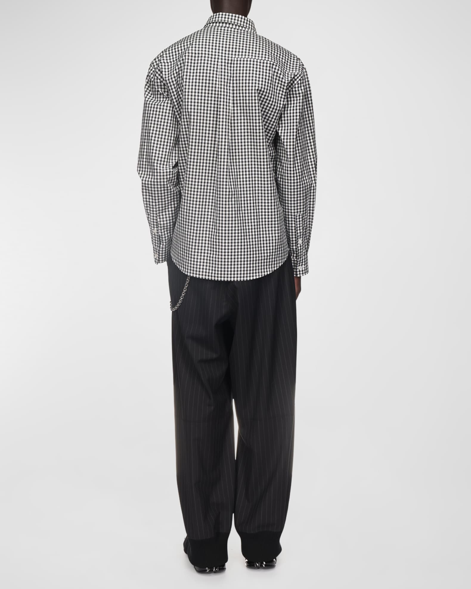 Simone Rocha Men's Gingham Asymmetric Ruched Shirt | Neiman Marcus