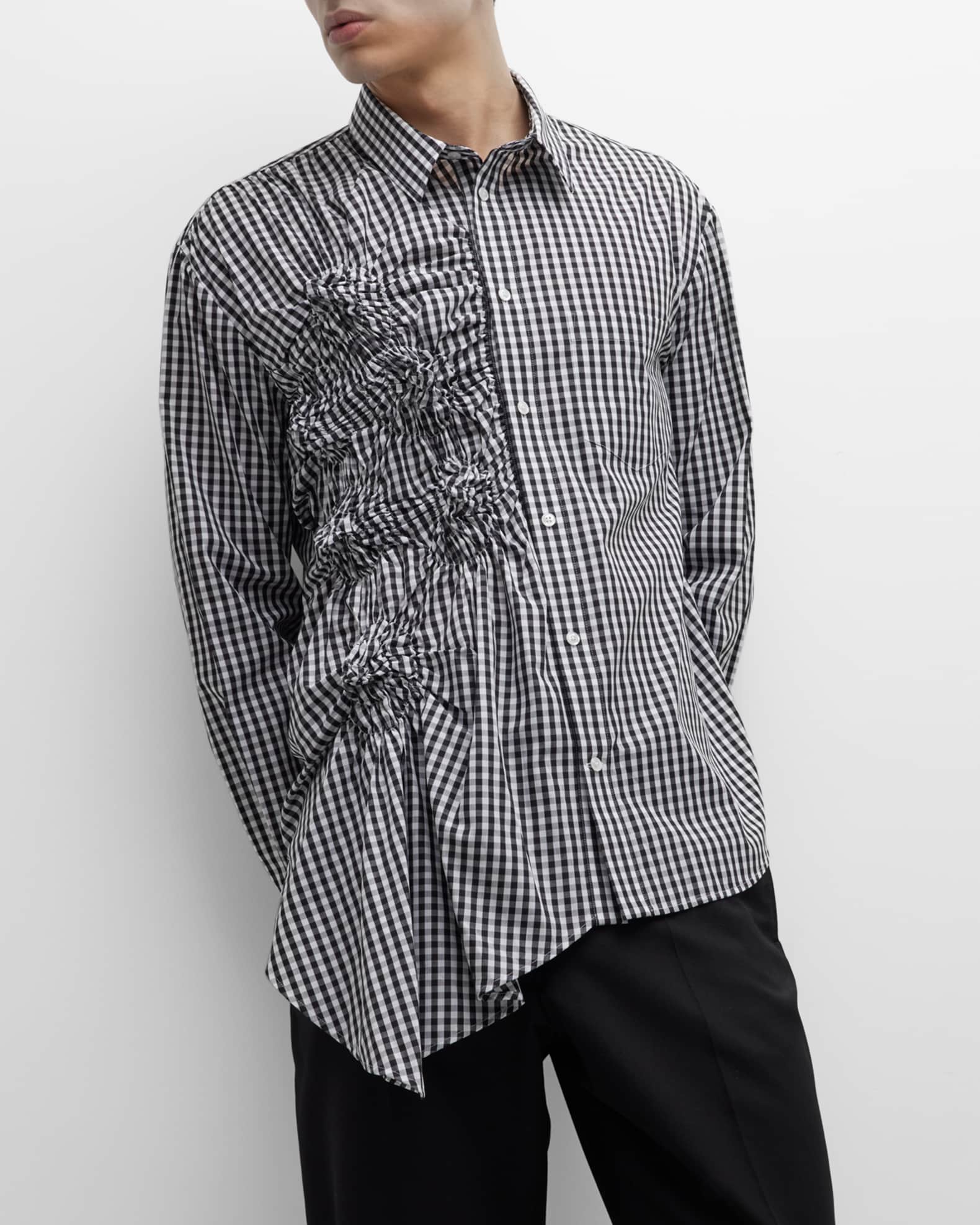 Simone Rocha Men's Gingham Asymmetric Ruched Shirt | Neiman Marcus
