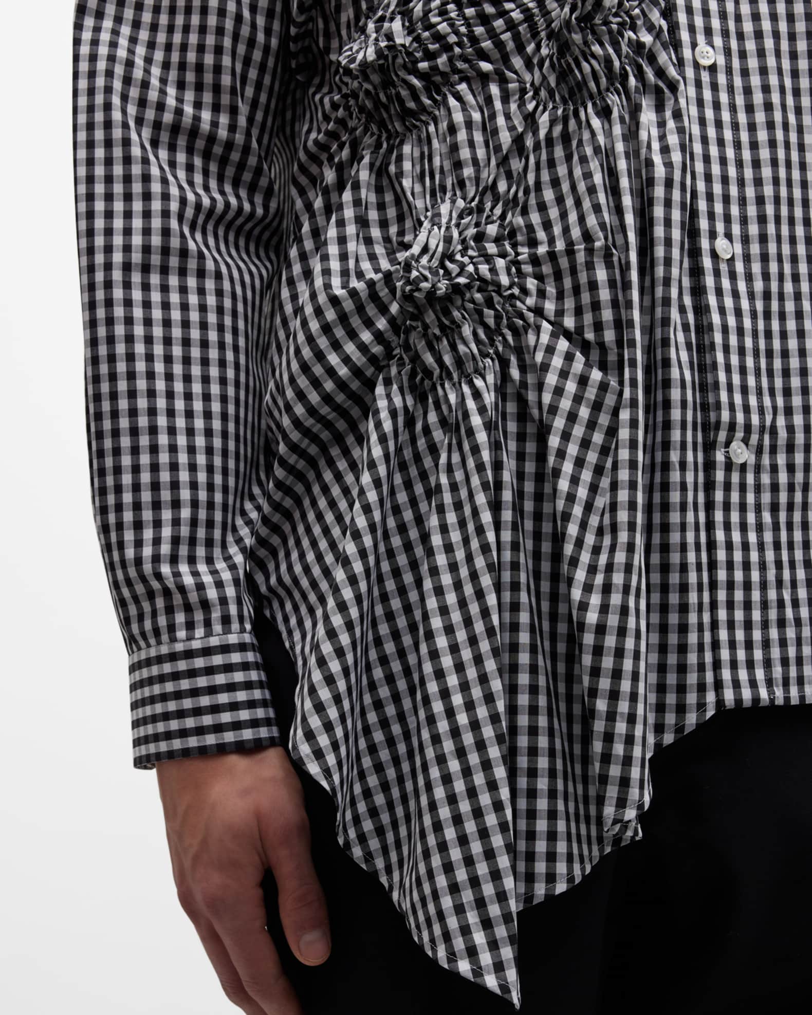 Simone Rocha Men's Gingham Asymmetric Ruched Shirt | Neiman Marcus