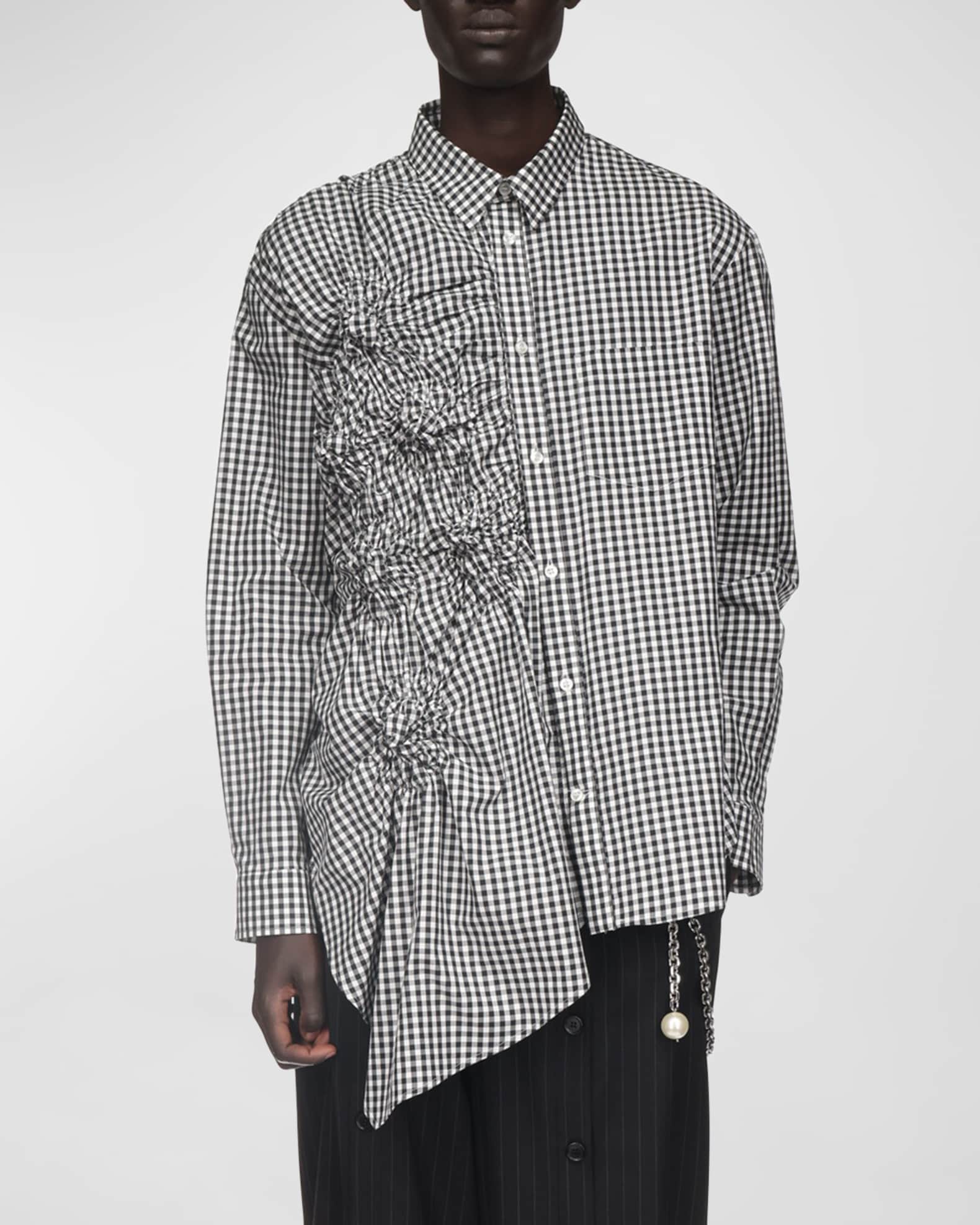 Simone Rocha Men's Gingham Asymmetric Ruched Shirt | Neiman Marcus