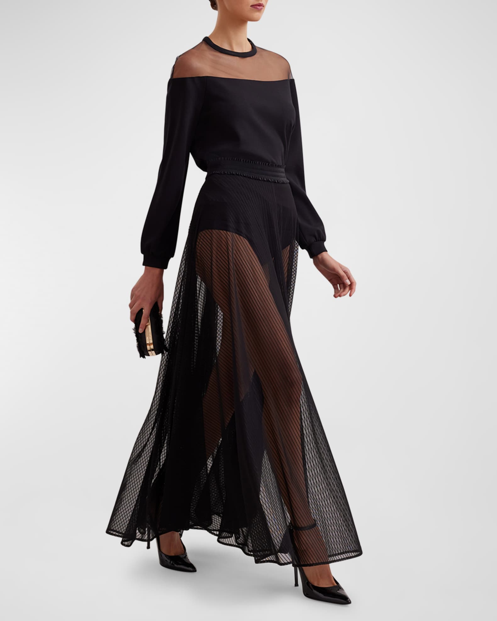 Anne Fontaine Kally Sheer-Yoke Long-Sleeve Knit Top | Neiman Marcus