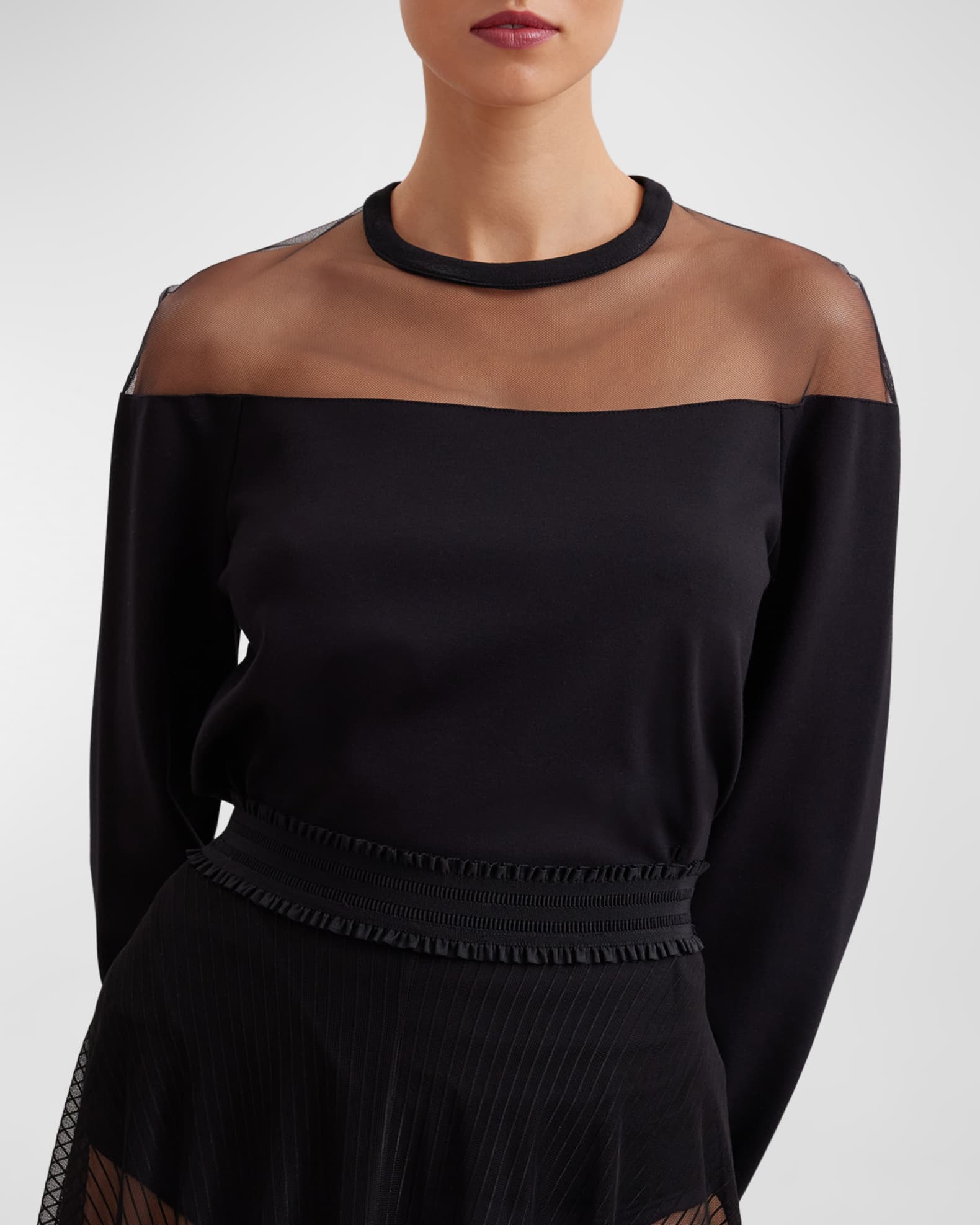 Anne Fontaine Kally Sheer-Yoke Long-Sleeve Knit Top | Neiman Marcus