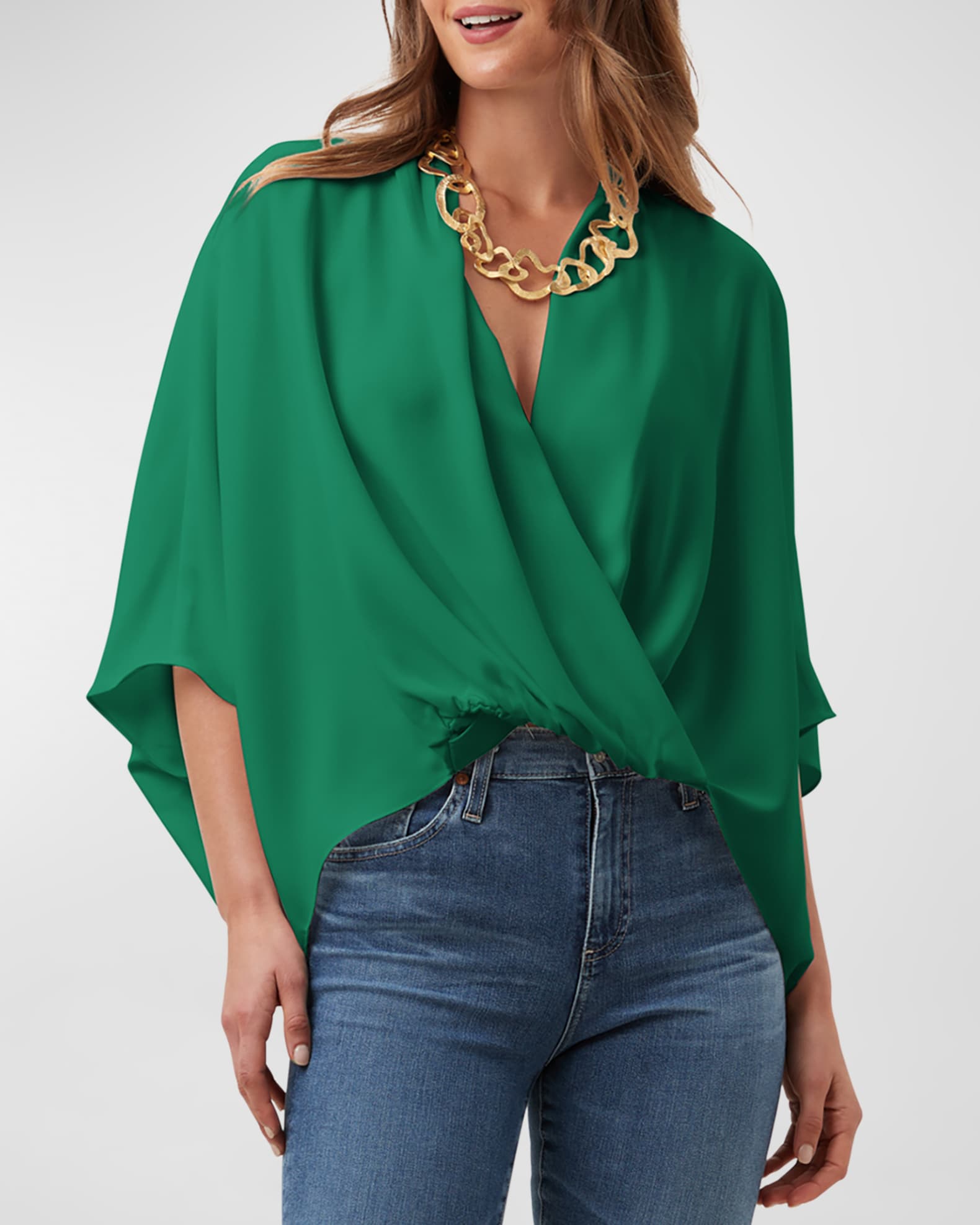 Trina Turk Concourse 3/4-Sleeve Draped Crepe Top | Neiman Marcus
