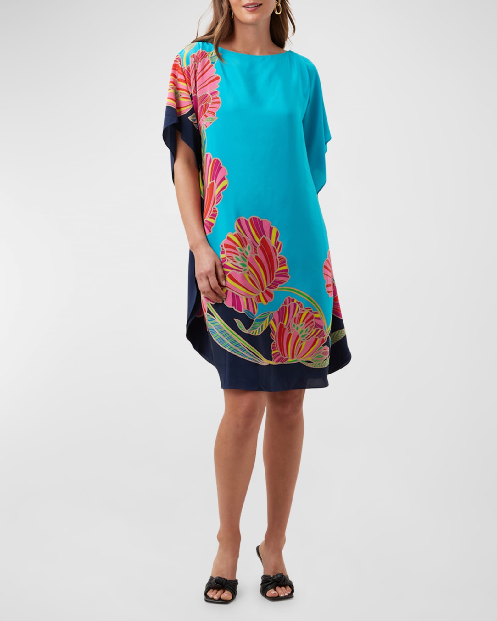 Trina Turk Global Bateau-Neck Floral-Print Shift Dress | Neiman Marcus