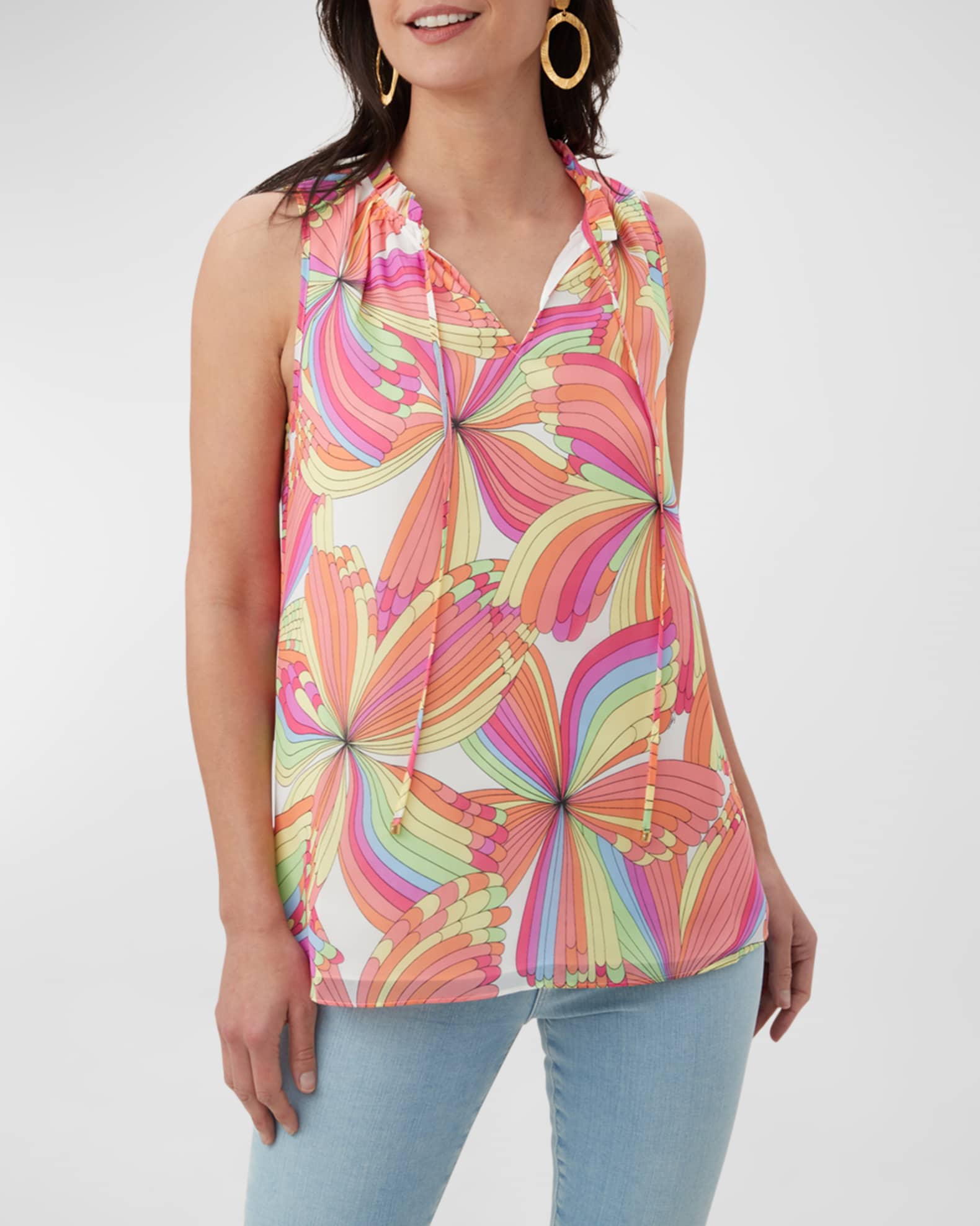 Trina Turk Verbenia Sleeveless Abstract-Print Ruffle Top | Neiman Marcus