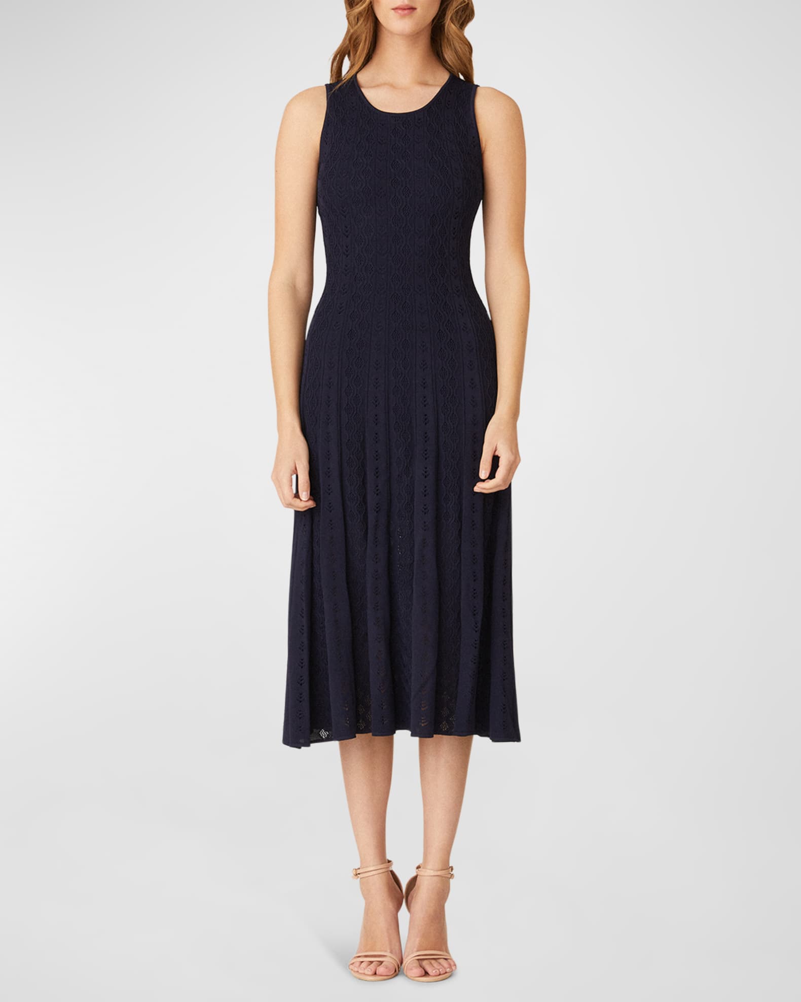 Shoshanna Dalma Pleated Scoop-Neck Pointelle Midi Dress | Neiman Marcus
