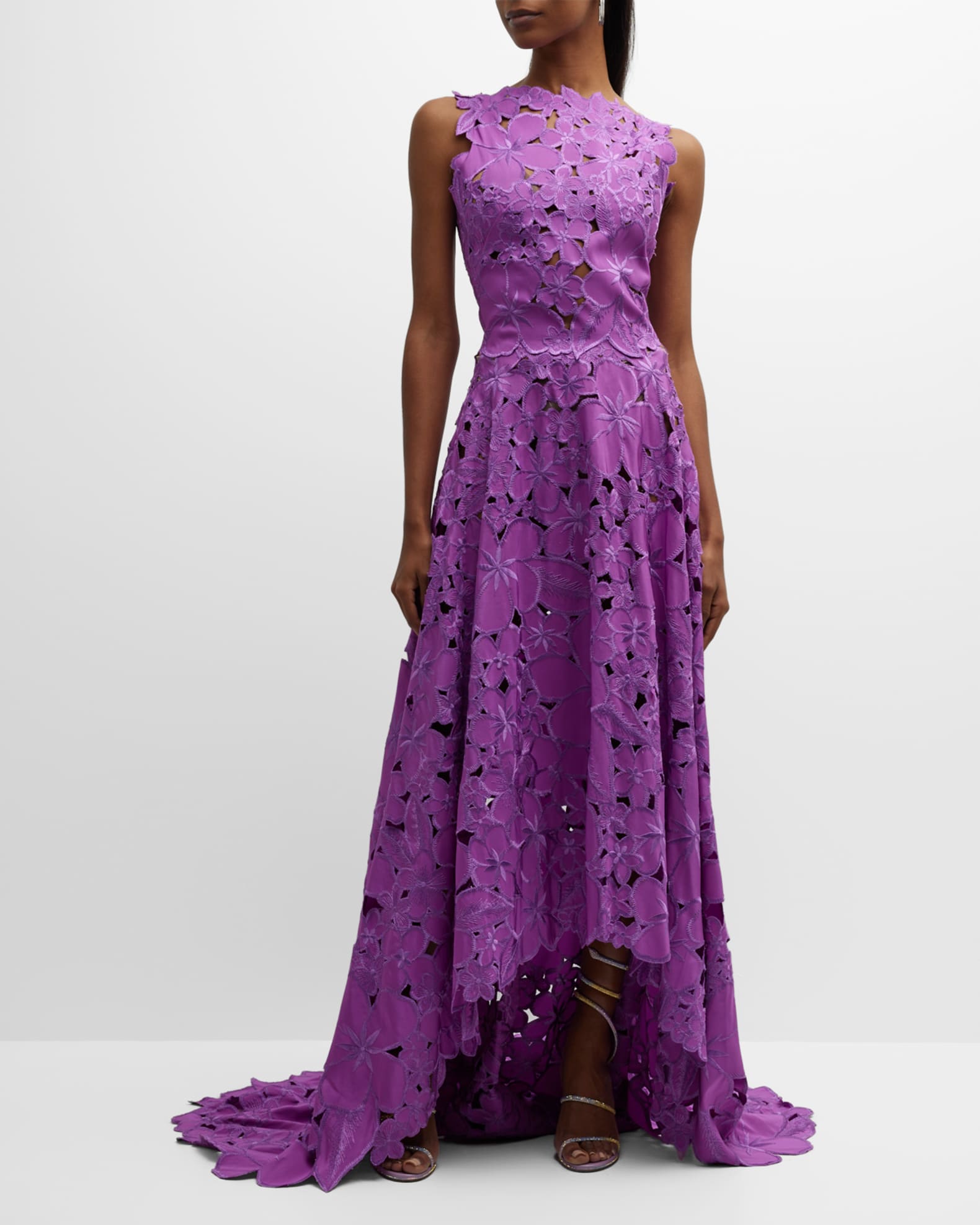 Naeem Khan Floral Embroidered Sleeveless High-Low Gown | Neiman Marcus